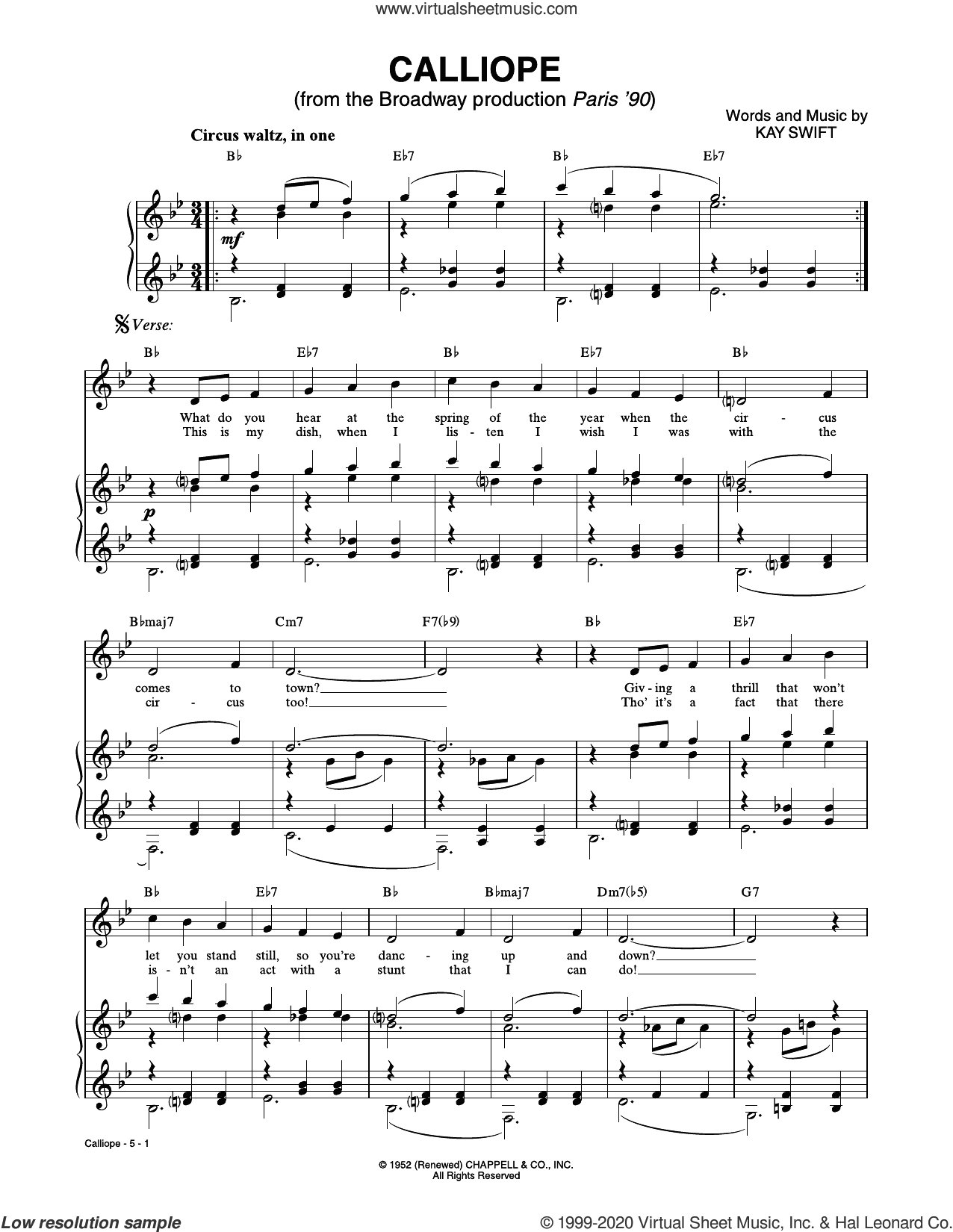 Calliope (from Paris '90) sheet music for voice and piano (PDF)