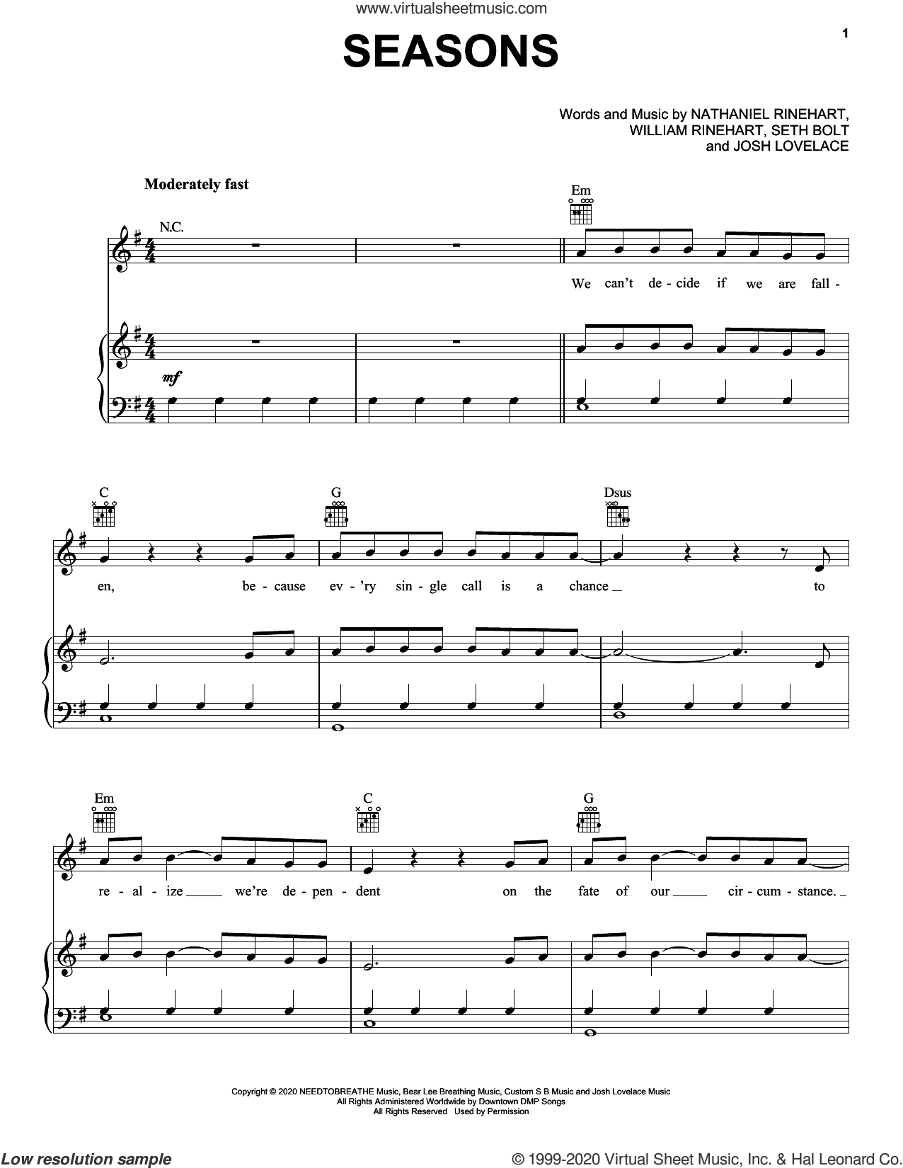 NEEDTOBREATHE: Seasons sheet music for voice, piano or guitar