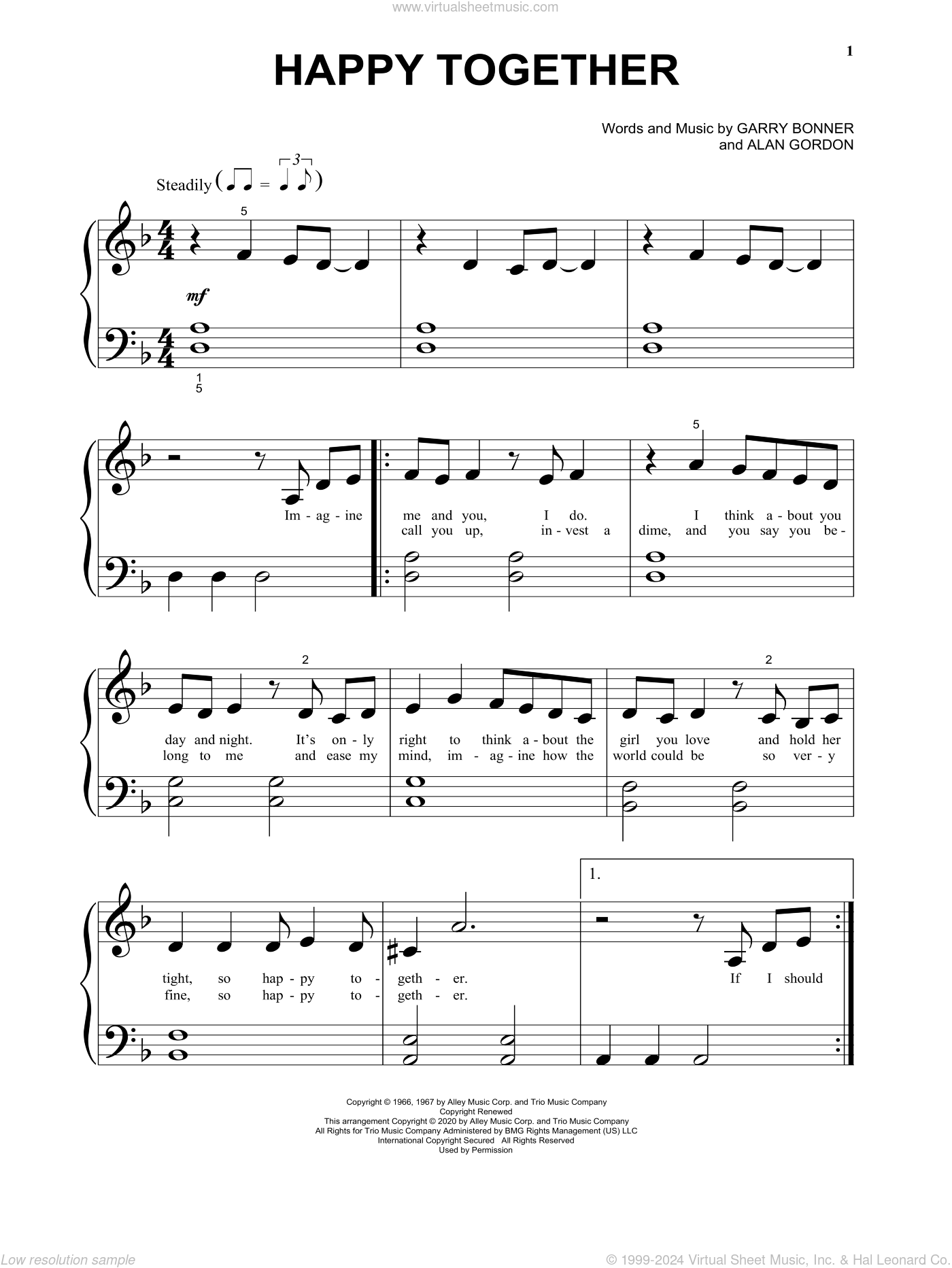 Happy Together, (beginner) sheet music for piano solo (PDF)