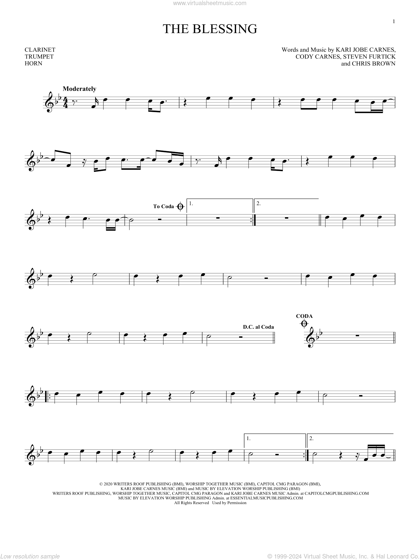 The Blessing sheet music for Solo Instrument (treble clef low) v3