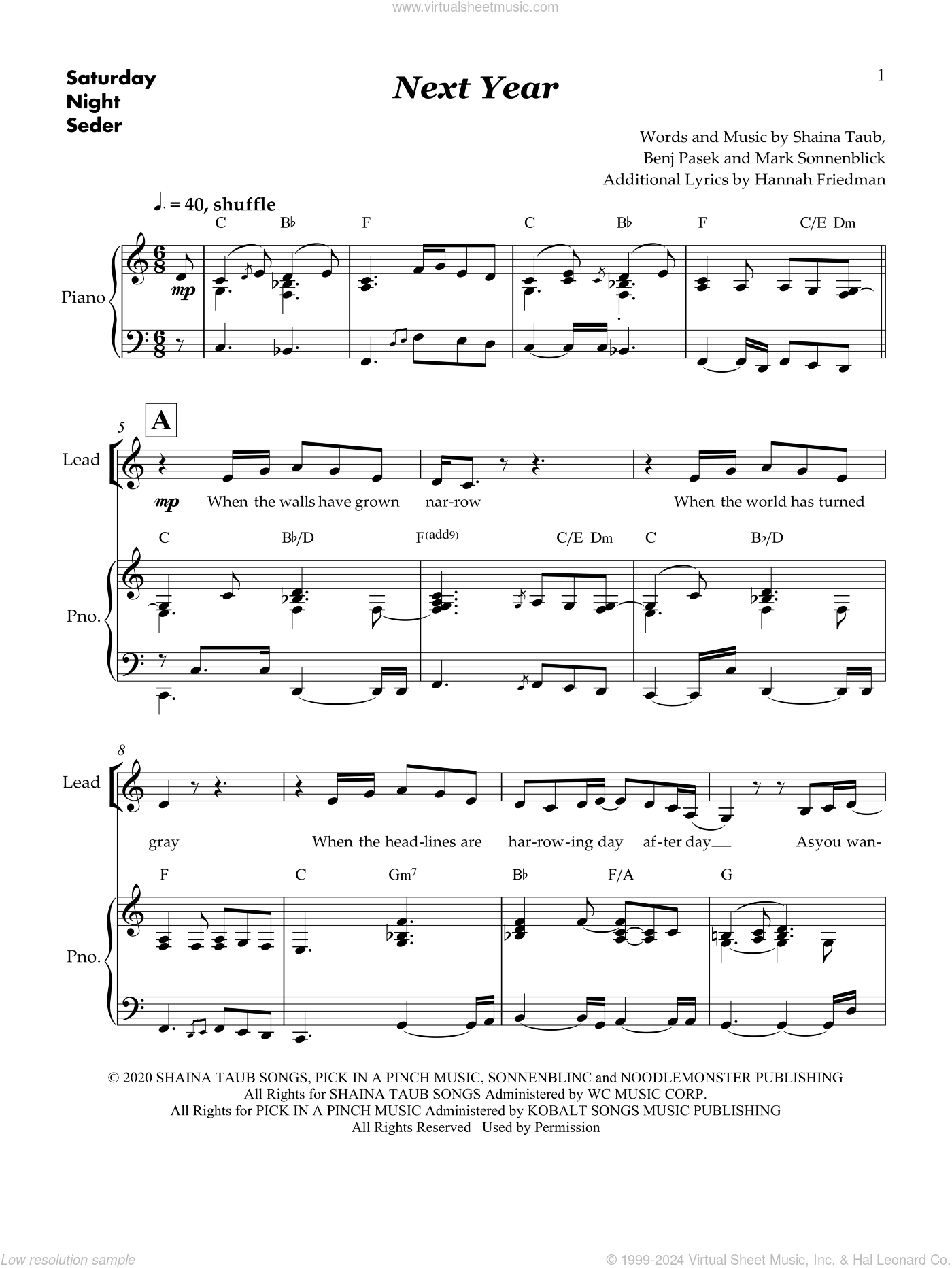Next Year (from Saturday Night Seder) sheet music for voice and piano