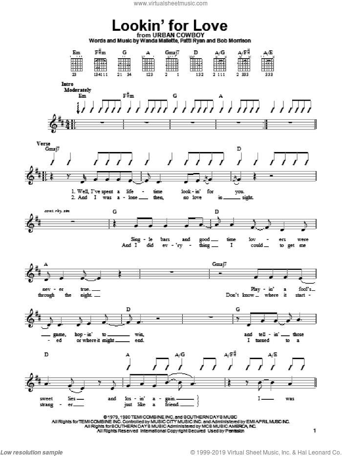 Lookin' For Love sheet music for guitar solo (chords) (PDF)