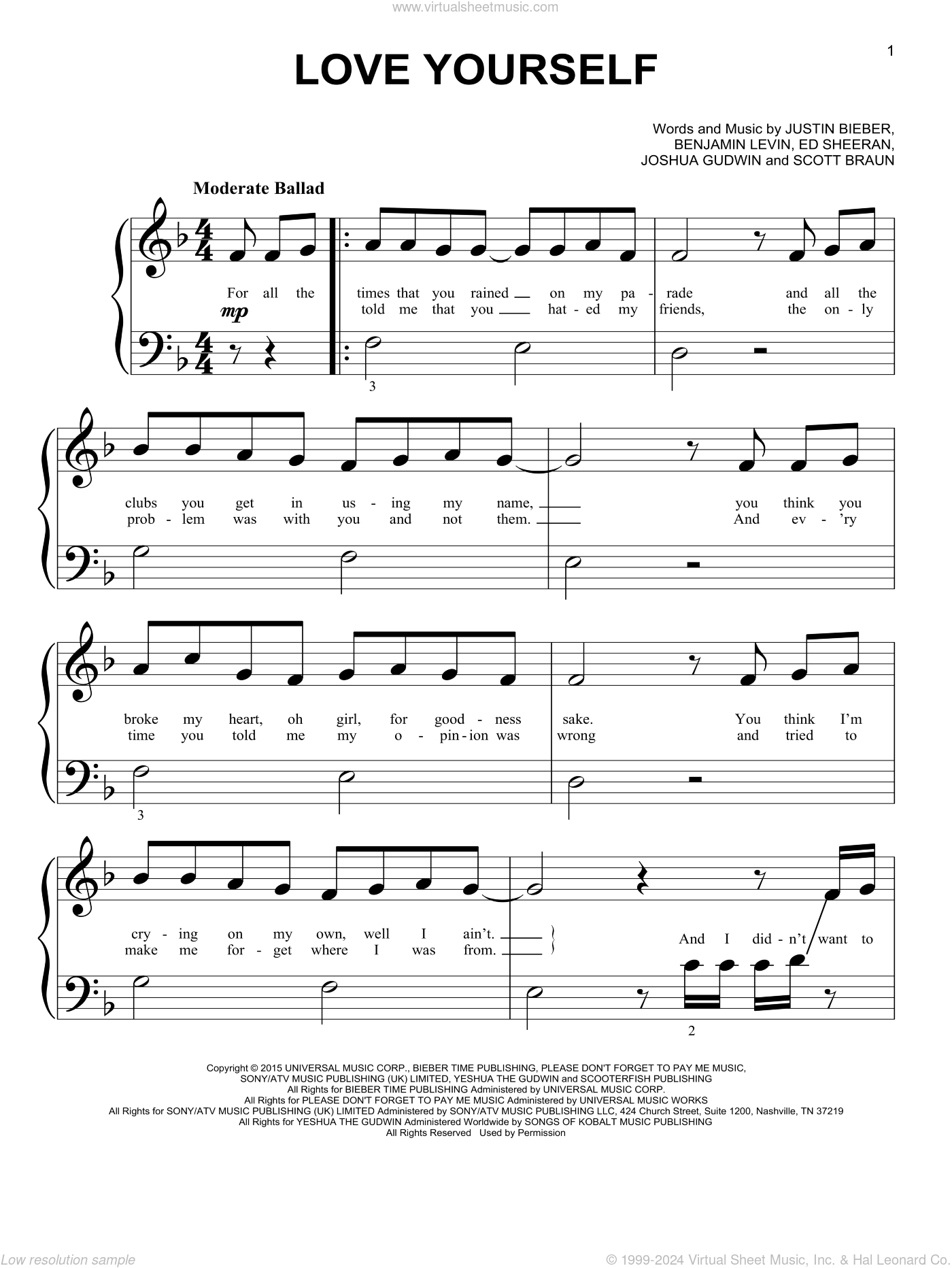 Love Yourself sheet music for piano solo (big note book) (PDF)