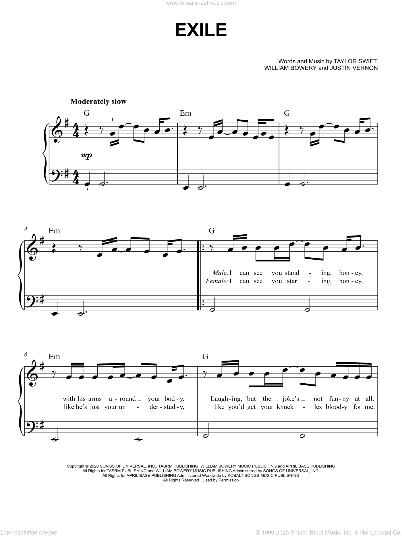 exile (feat. Bon Iver), (easy) sheet music for piano solo (PDF)