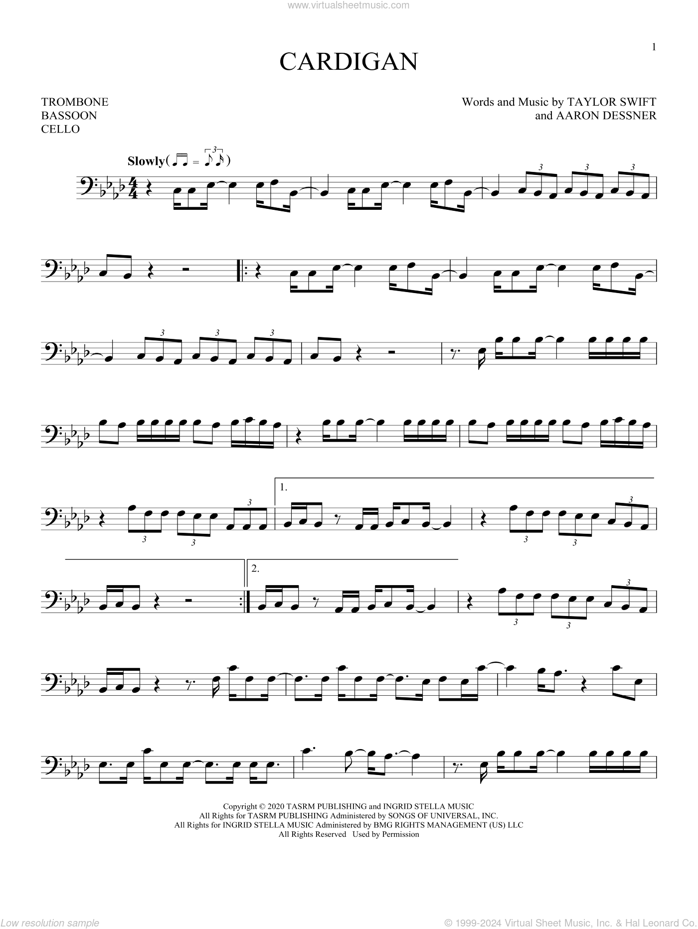 cardigan sheet music for Solo Instrument (bass clef) (PDF)