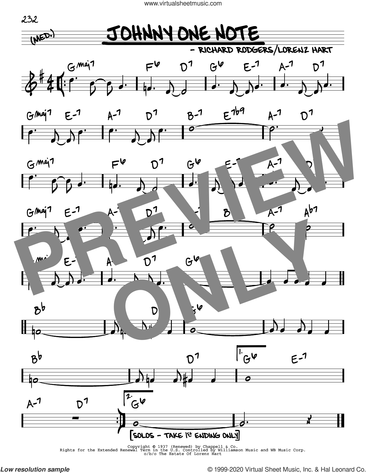 Johnny One-Note sheet music (real book - melody and chords) (real book)