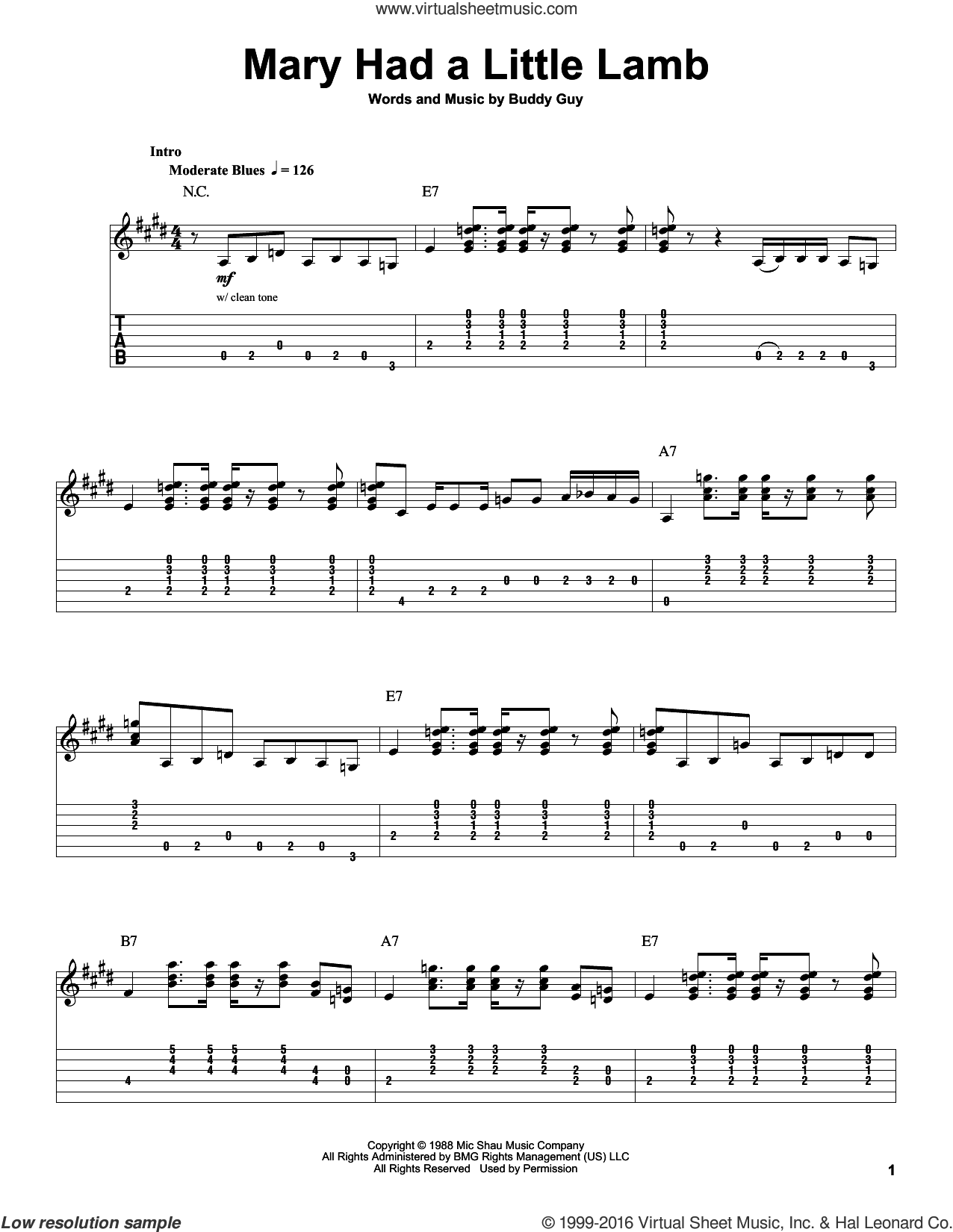Mary Had A Little Lamb sheet music for guitar (tablature, play-along)