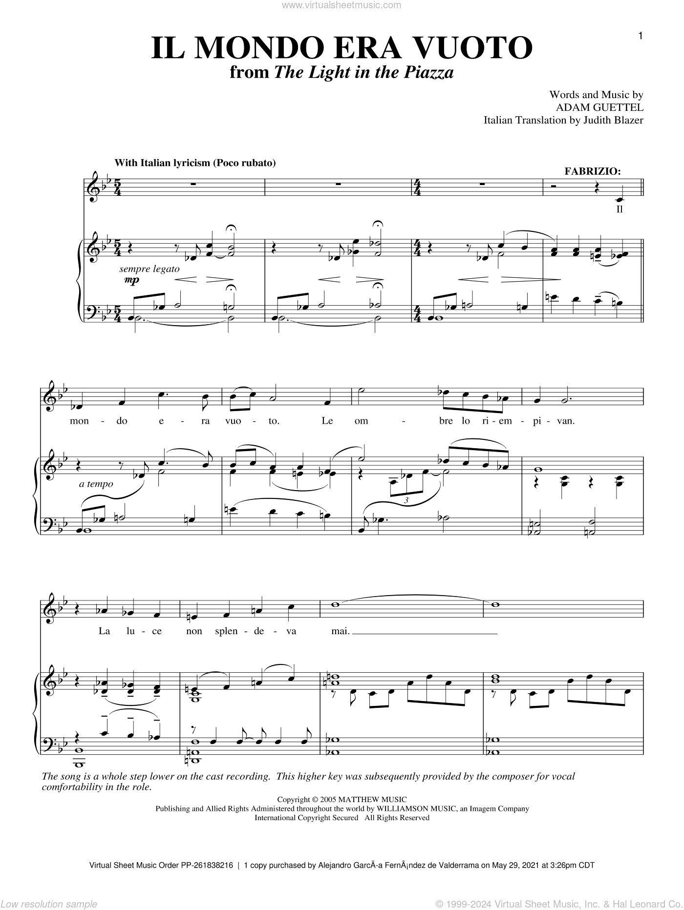 Guettel - Il Mondo Era Vuoto (from The Light In The Piazza) sheet music ...