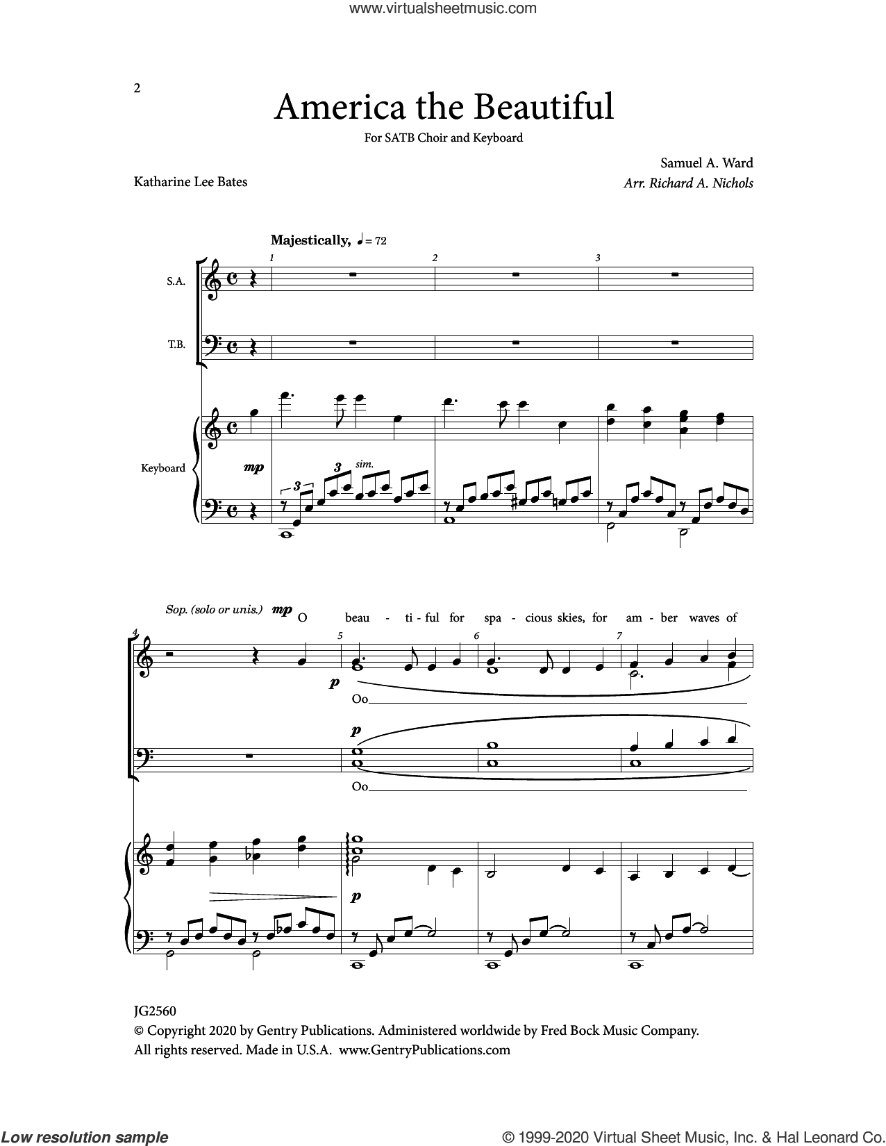 Samuel Augustus Ward: America The Beautiful sheet music for choir (SATB ...