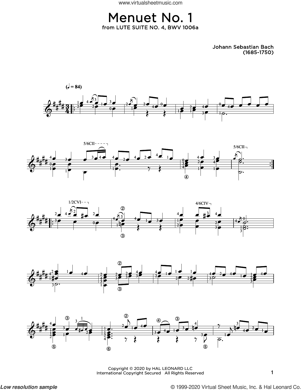Menuet No. 1 sheet music for guitar solo (PDF)