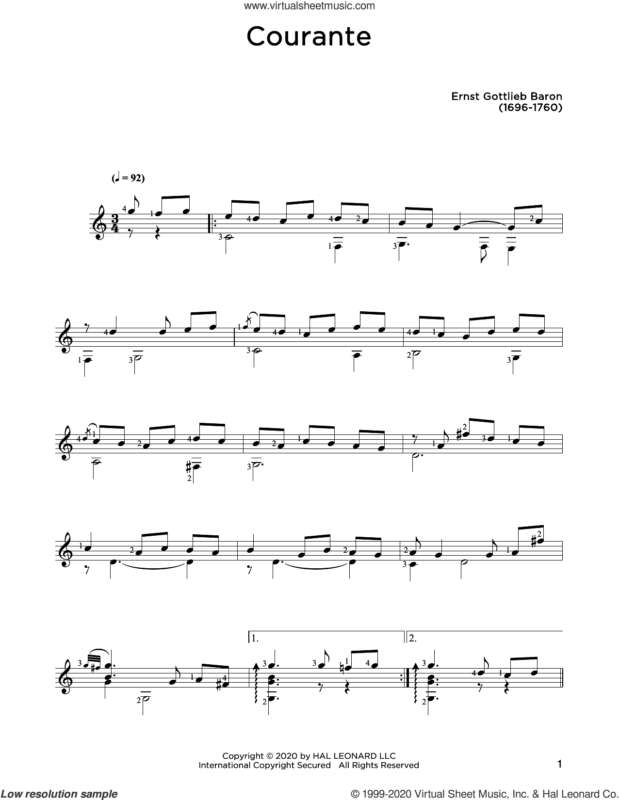 Ernst Gottlieb Baron: Courante sheet music for guitar solo (PDF)