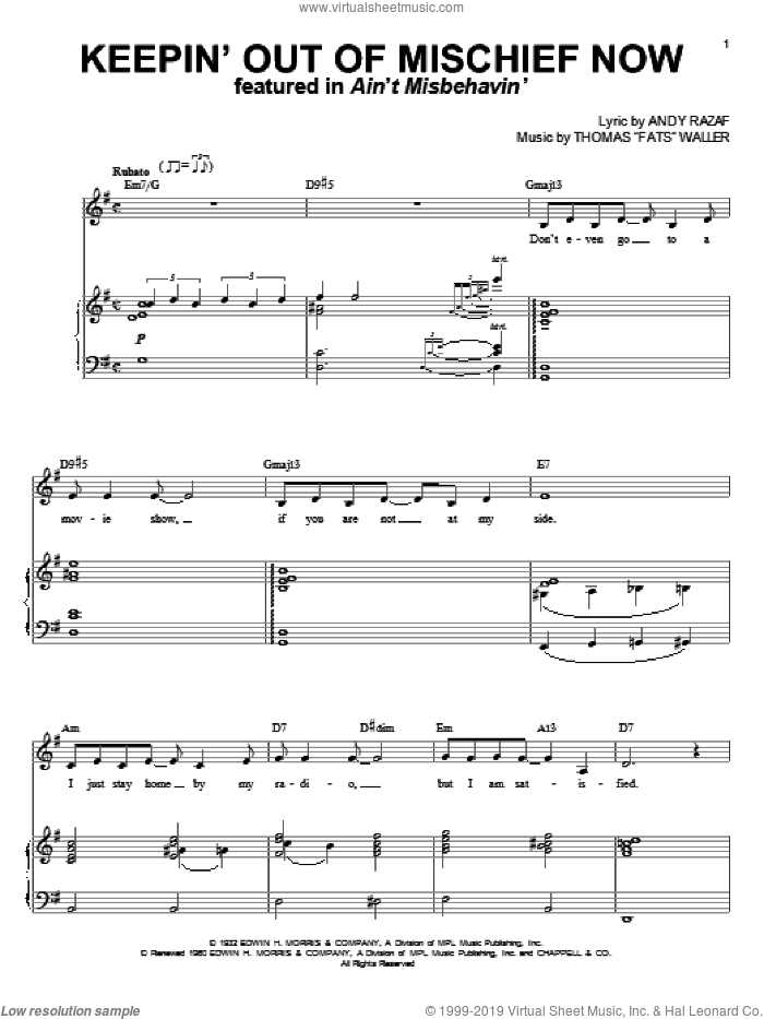 Keepin' Out Of Mischief Now sheet music for voice and piano (PDF)