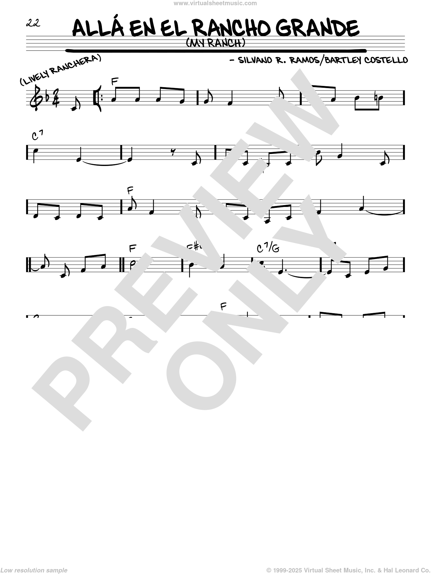 Alla En El Rancho Grande (My Ranch) sheet music (real book - melody and ...