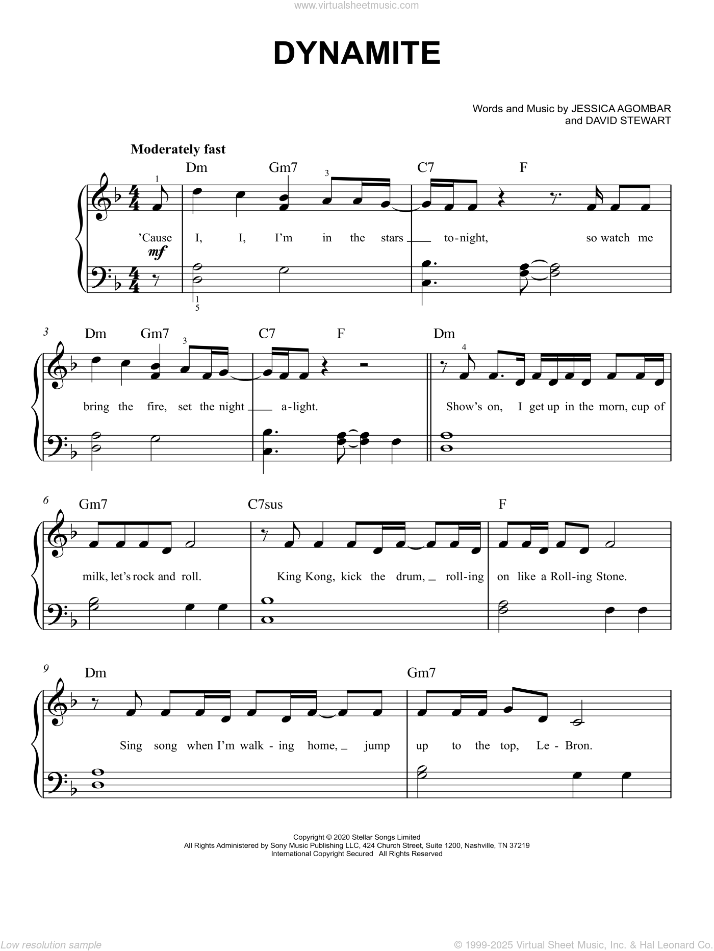 Dynamite, (easy) sheet music for piano solo (PDF-interactive)