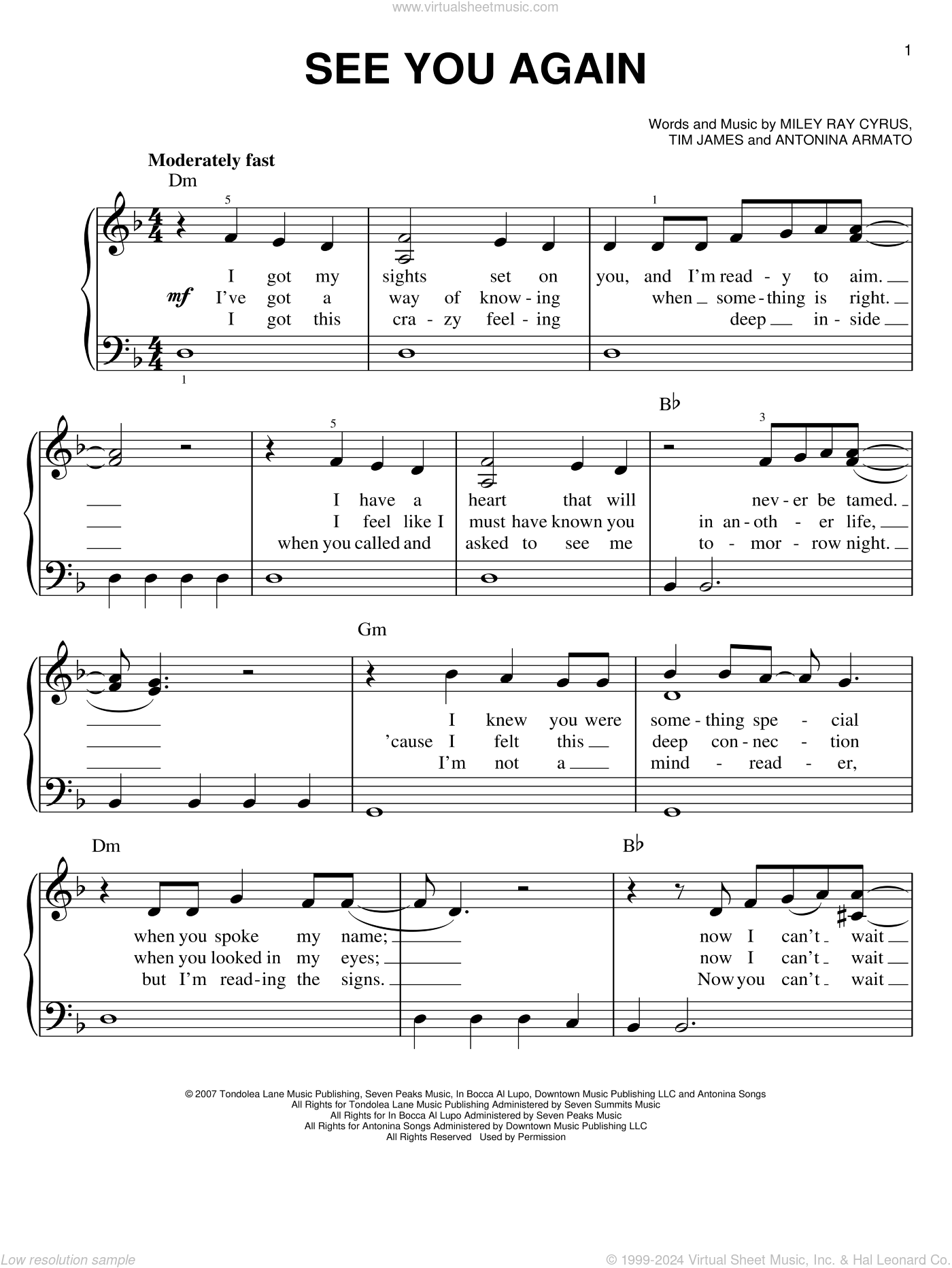 Miley Cyrus: See You Again sheet music for piano solo (PDF)