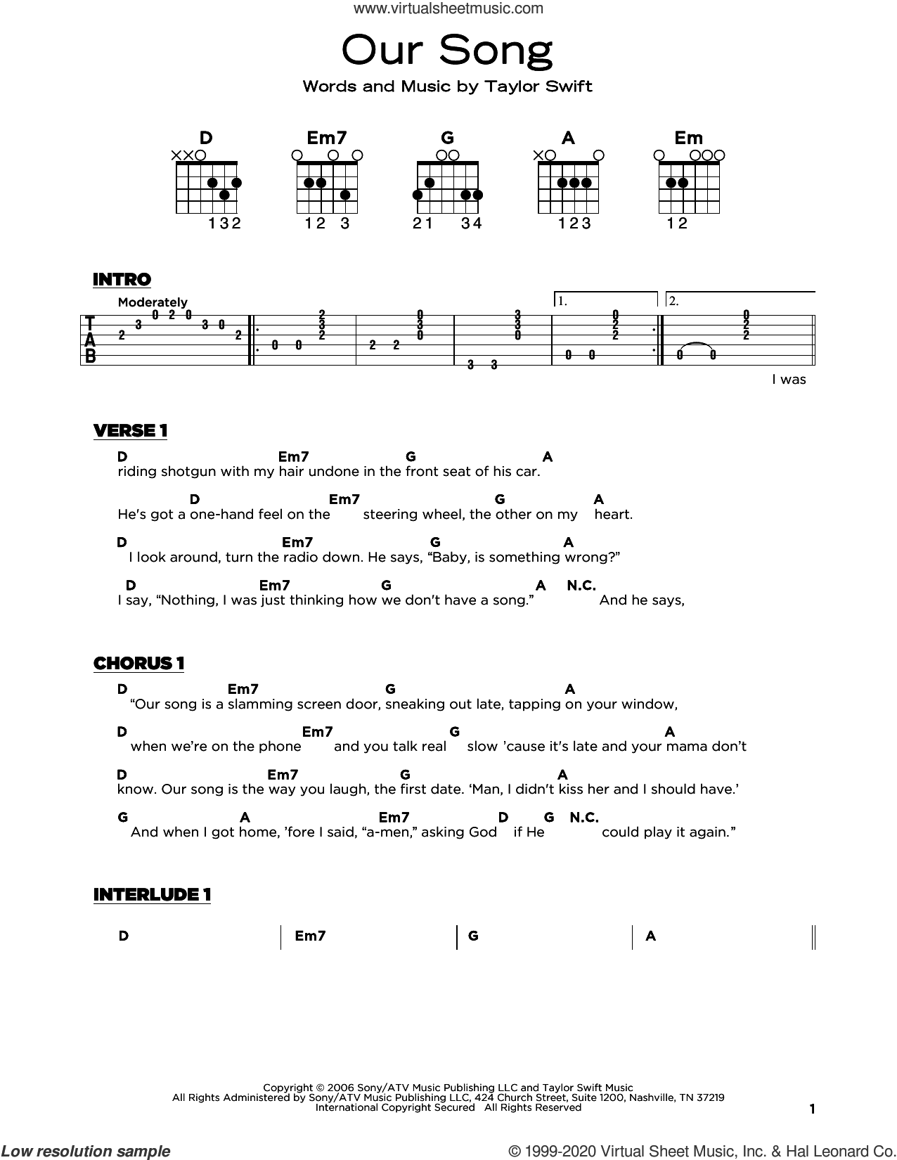 Our Song sheet music (beginner) for guitar solo (PDF)