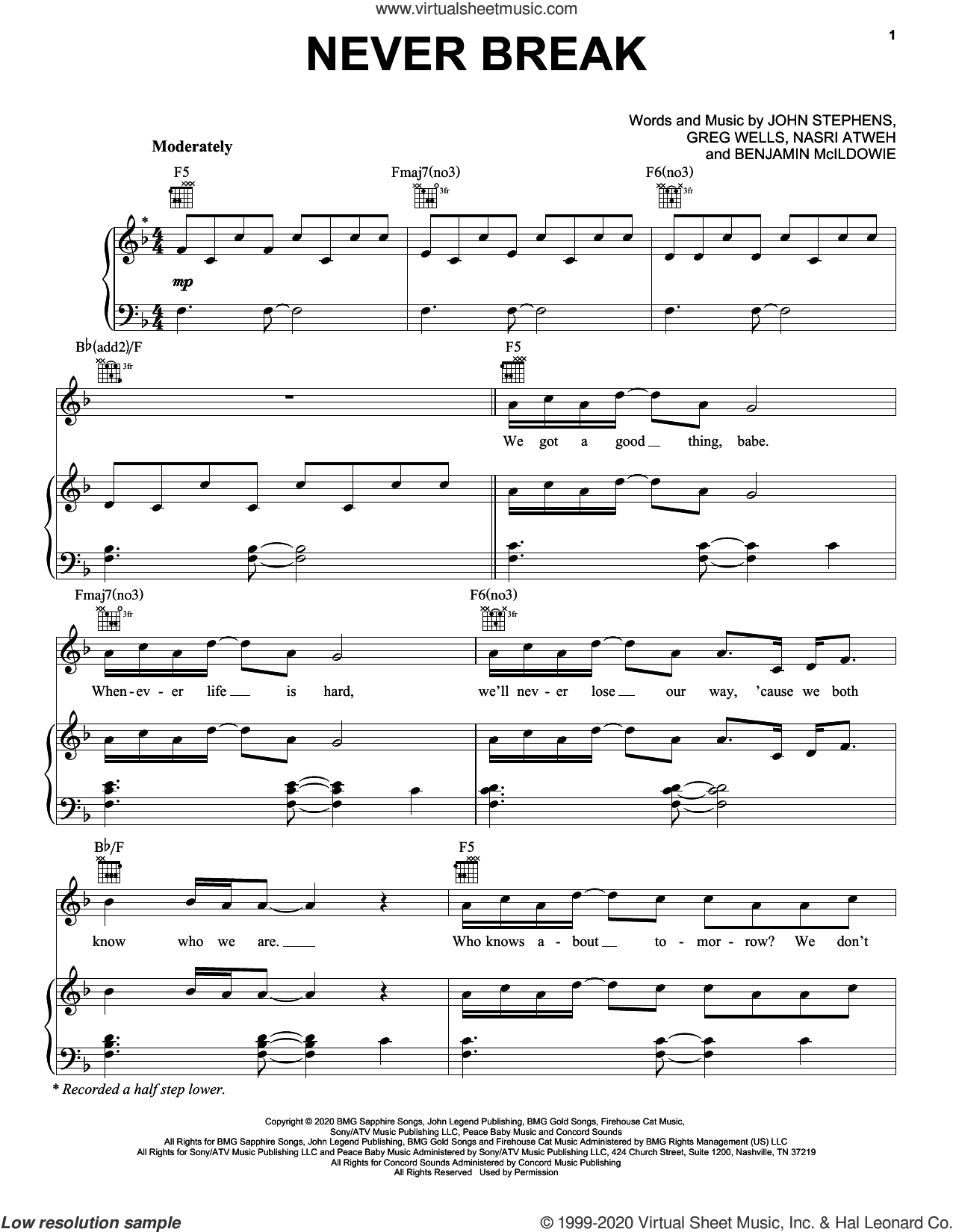 Never Break sheet music for voice, piano or guitar (PDF)