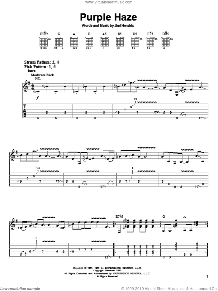 Purple Haze sheet music for guitar solo (easy tablature) (PDF)