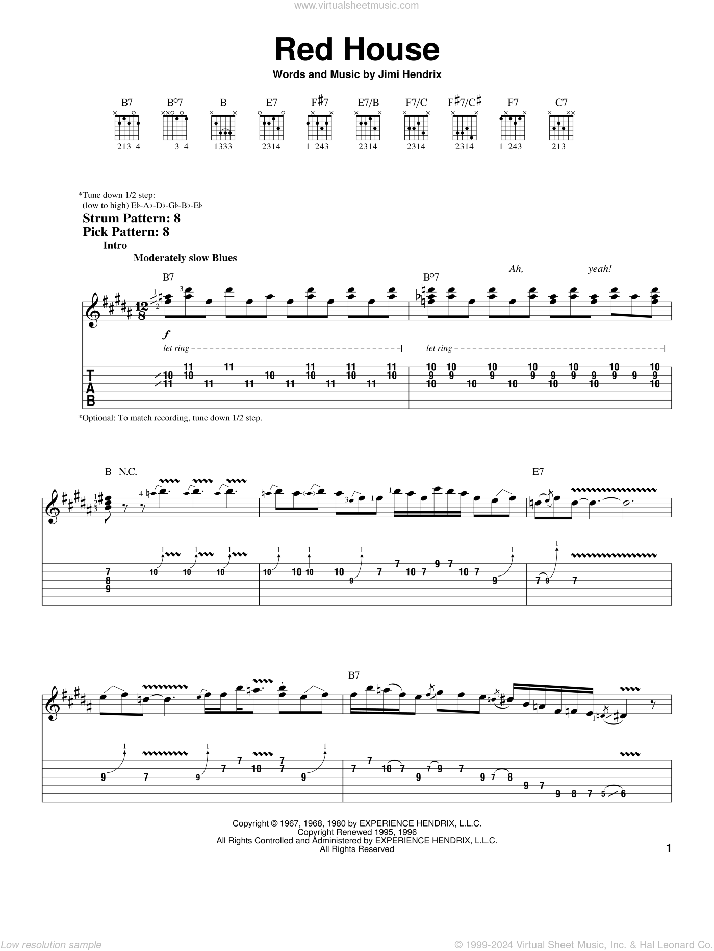 Red House sheet music for guitar solo (easy tablature) (PDF)