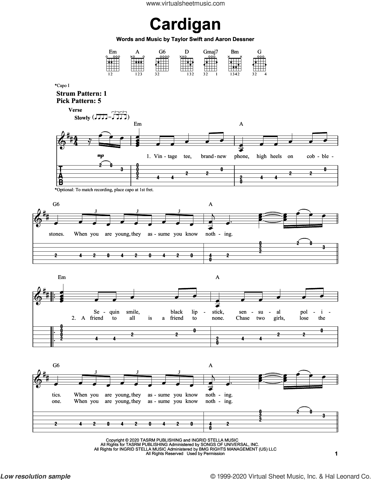 cardigan sheet music (easy) for guitar solo (easy tablature)
