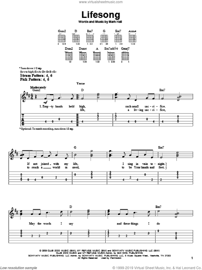 Lifesong sheet music for guitar solo (easy tablature) (PDF)