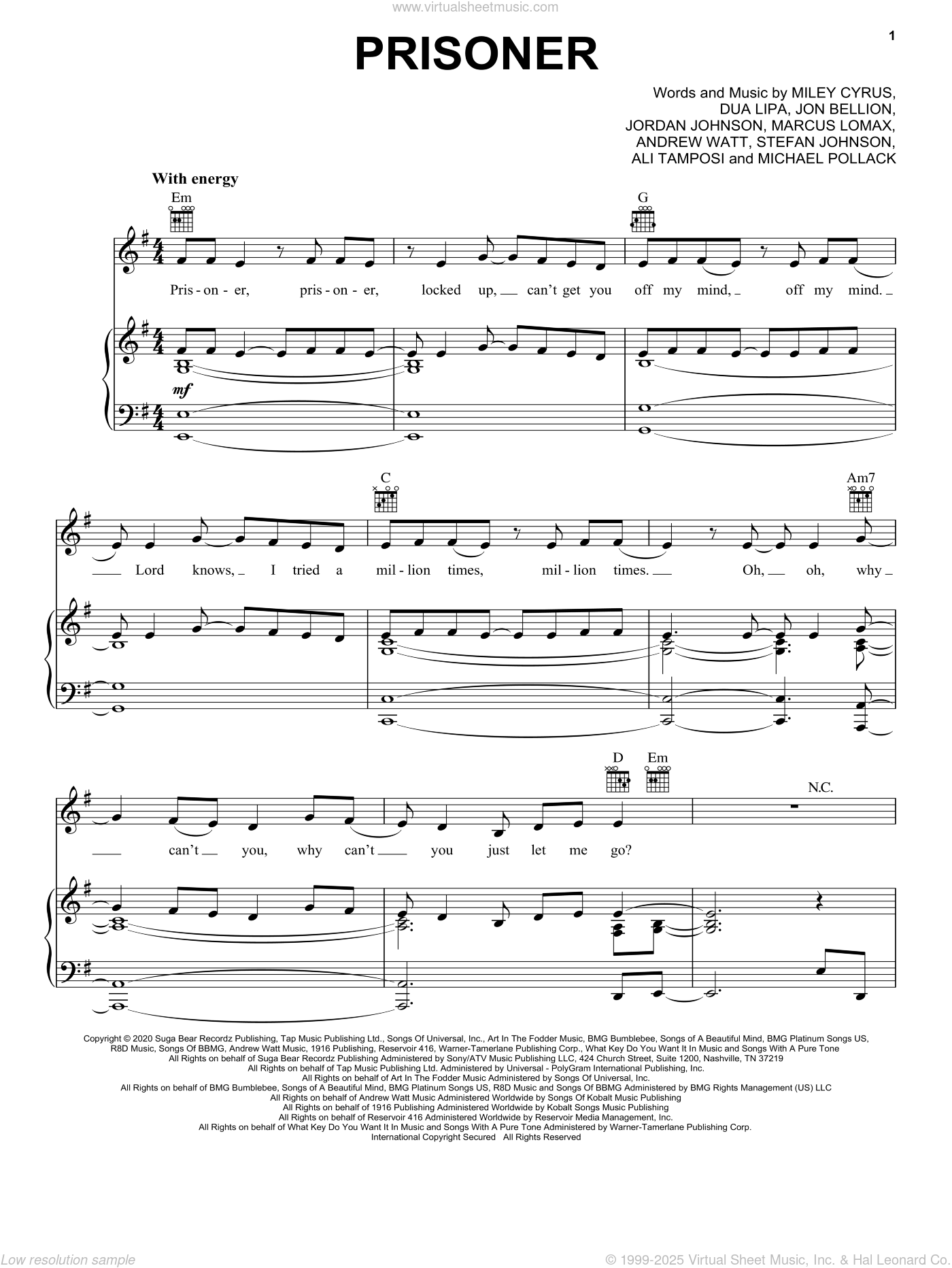 Prisoner (feat. Dua Lipa) sheet music for voice, piano or guitar