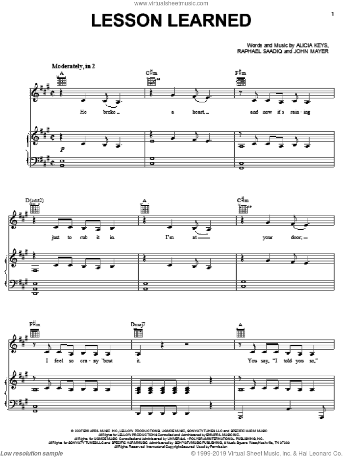 Lesson Learned sheet music for voice, piano or guitar (PDF)