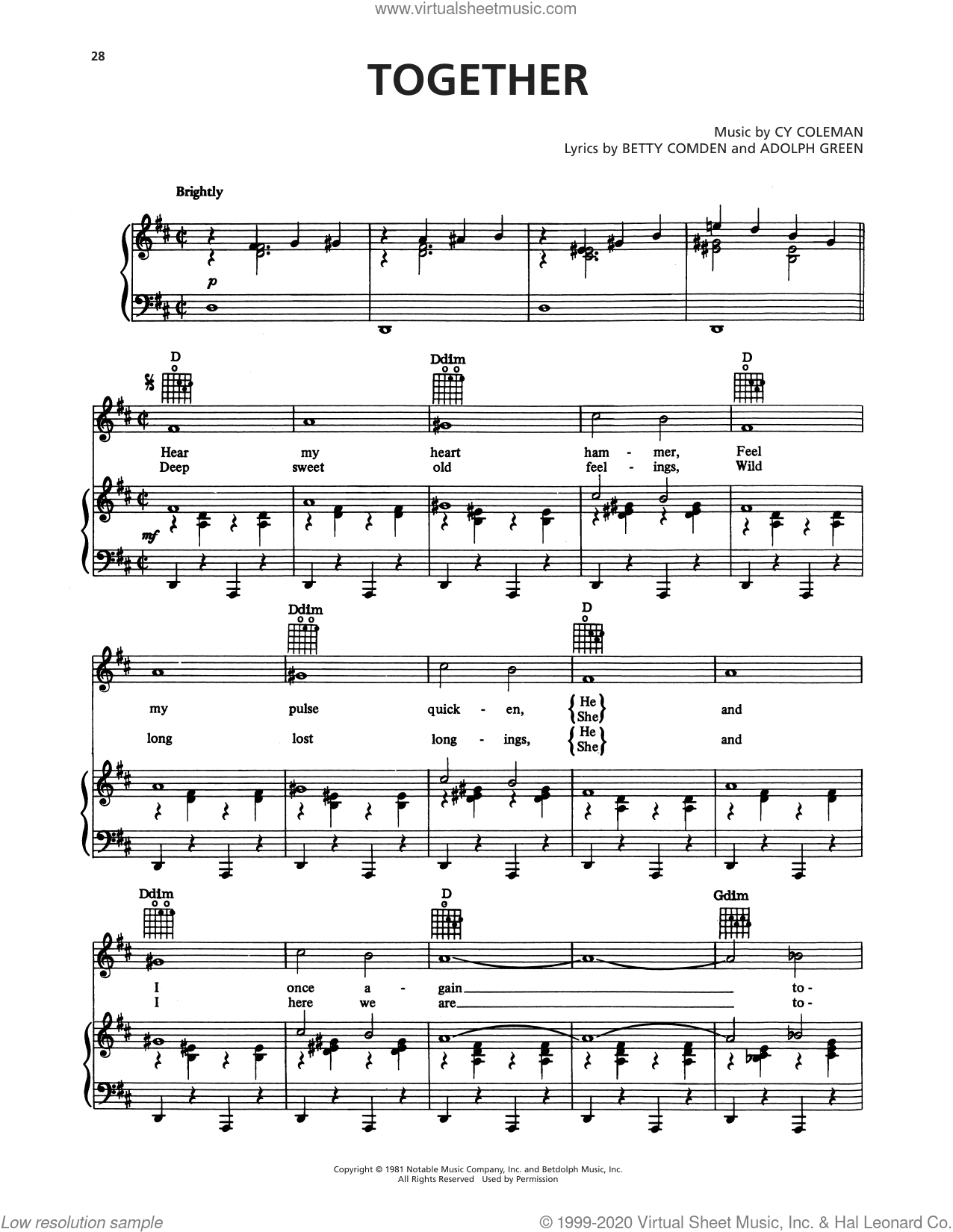 Together (from On The Twentieth Century) sheet music for voice, piano ...