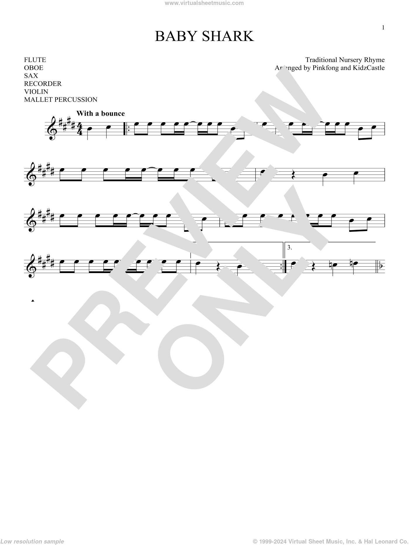 Baby Shark sheet music for Solo Instrument (treble clef high) v2