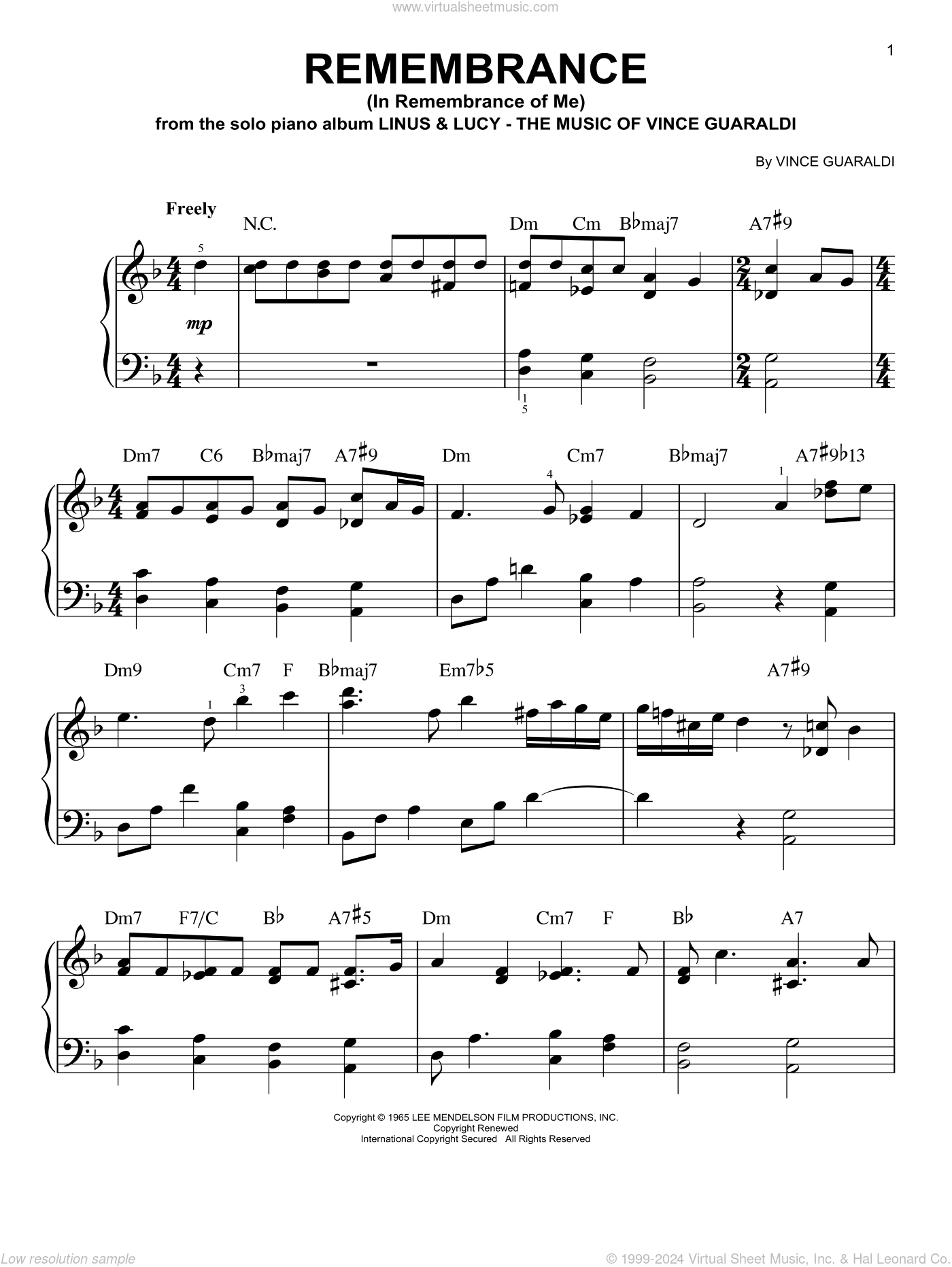 Remembrance (In Remembrance Of Me), (easy) sheet music for piano solo