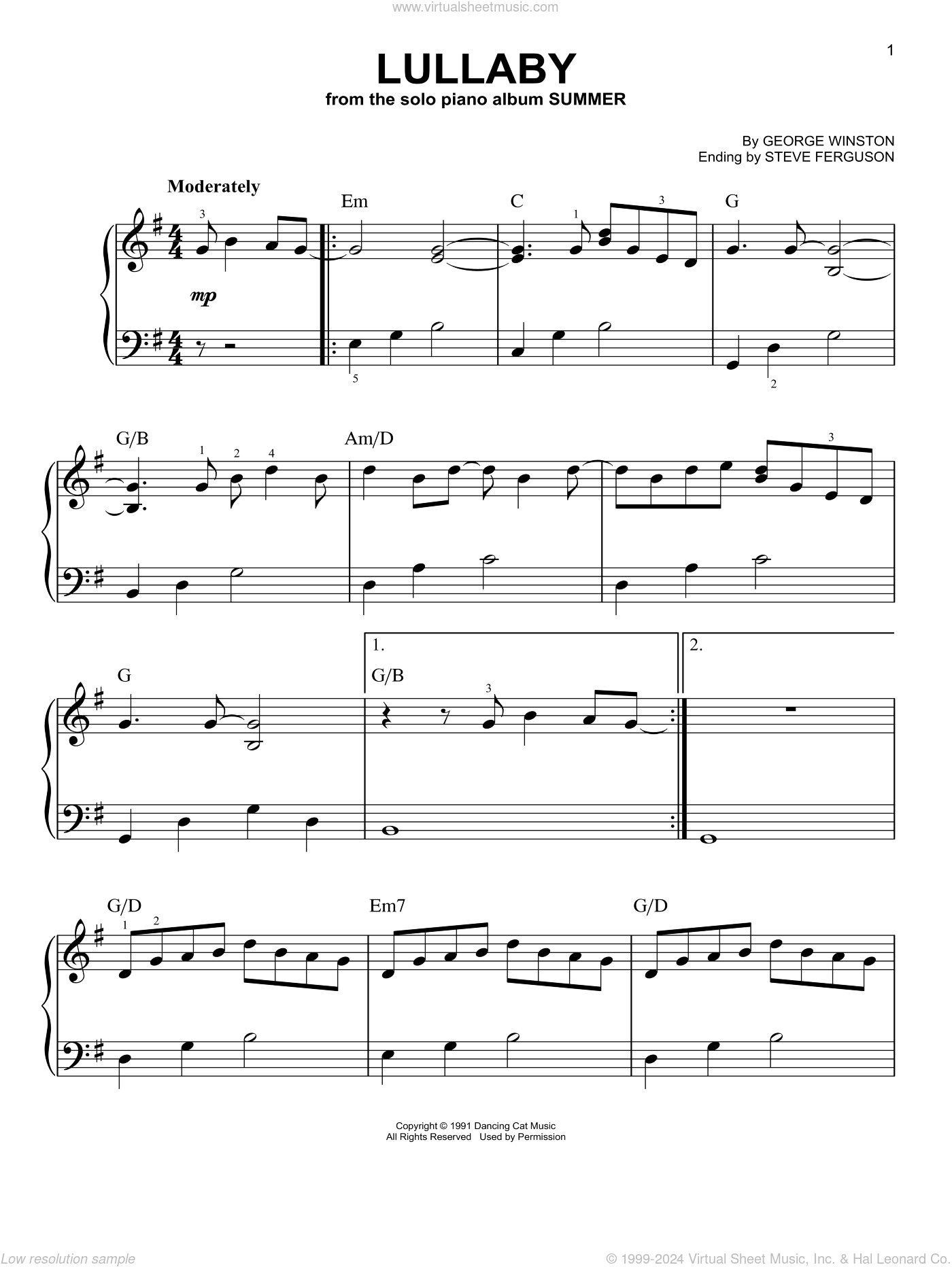 Lullaby, (easy) sheet music for piano solo (PDF-interactive)