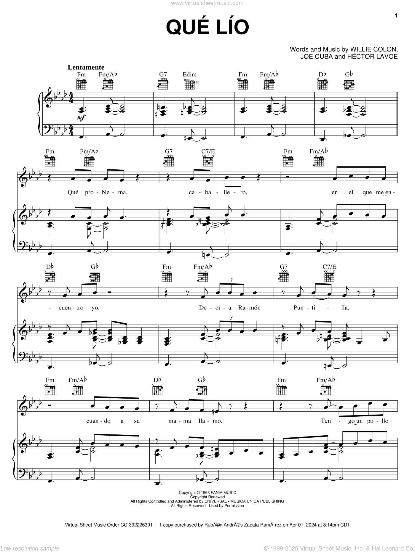 Que Lio sheet music for voice, piano or guitar (PDF-interactive)
