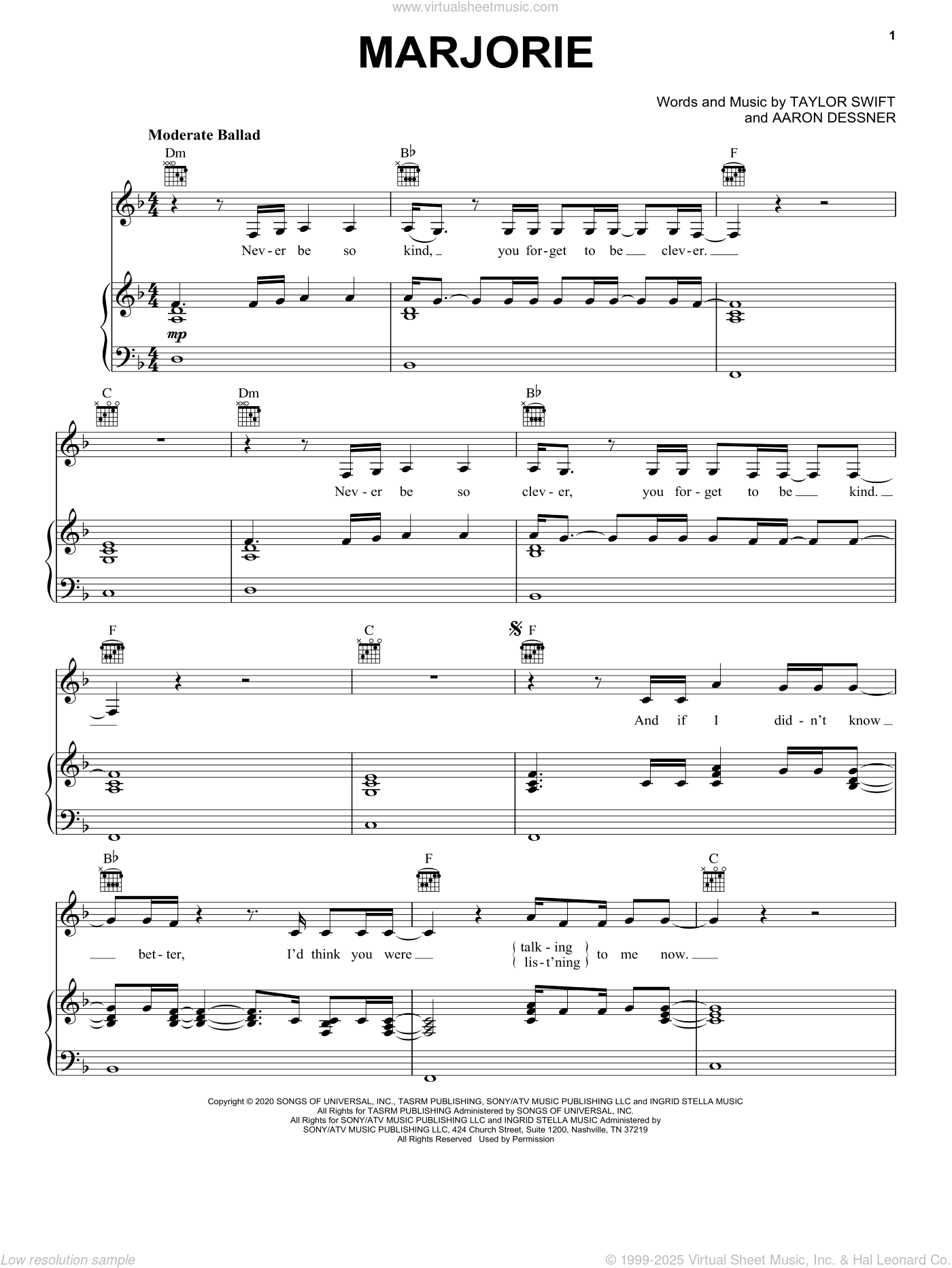 marjorie sheet music for voice, piano or guitar (PDF-interactive)