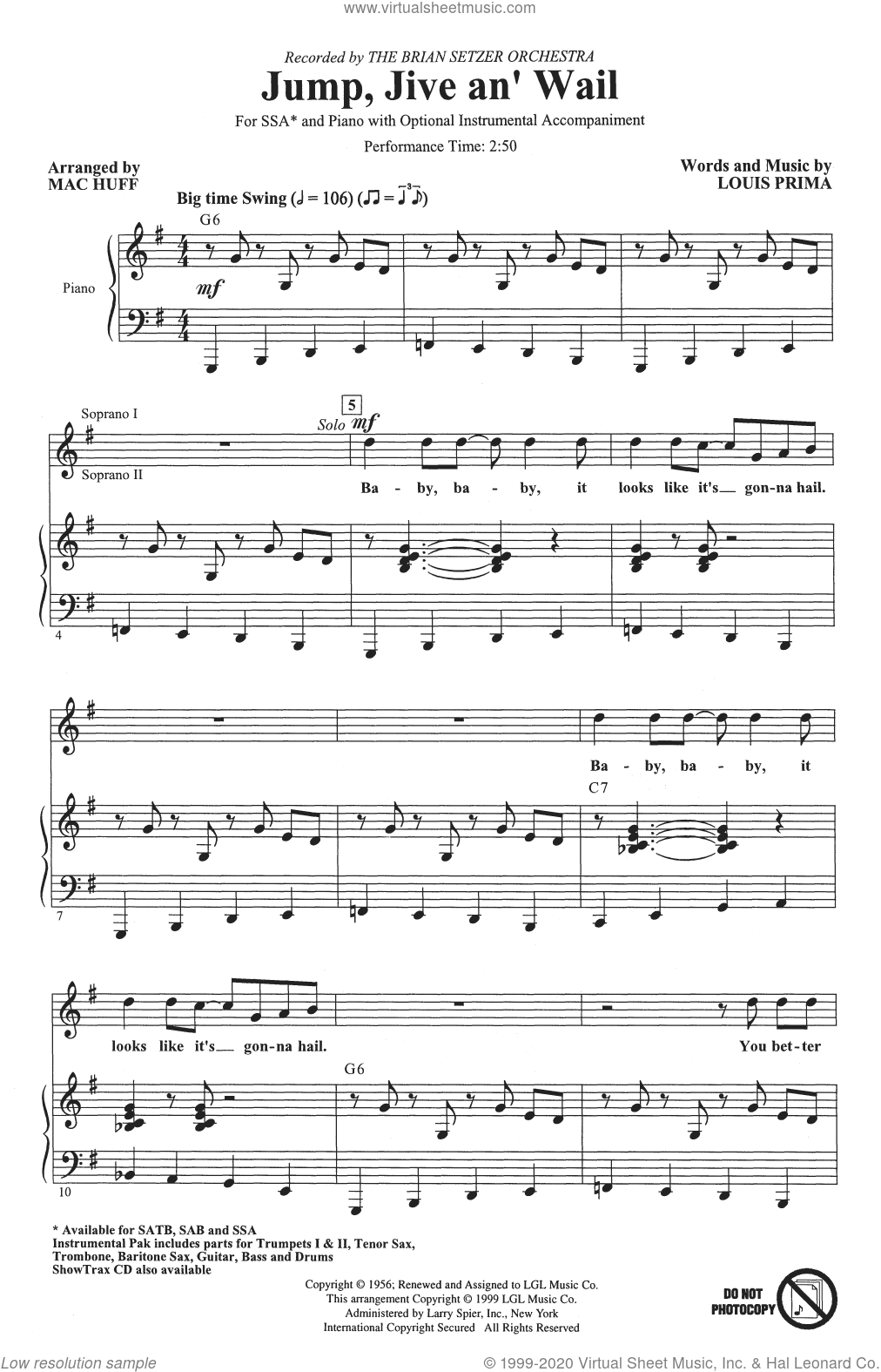 Jump, Jive An' Wail (arr. Mac Huff) sheet music for choir (SSA: soprano ...