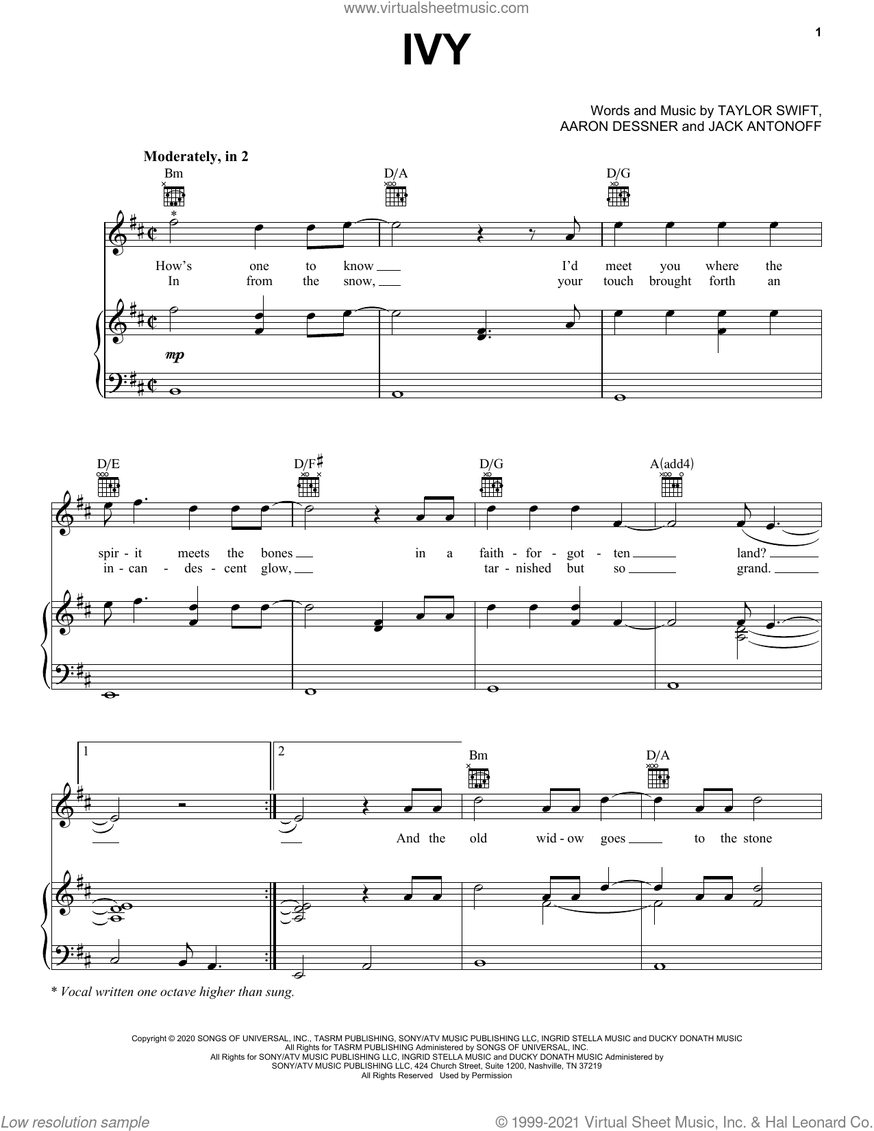 Taylor Swift: ivy sheet music for voice, piano or guitar (PDF)