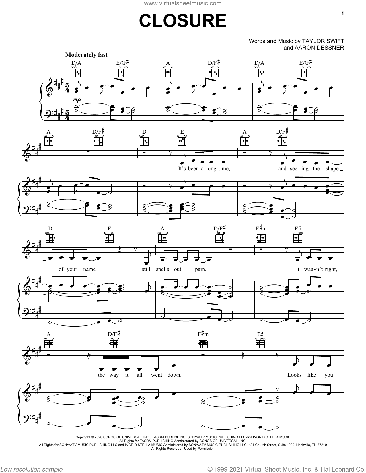 Taylor Swift: closure sheet music for voice, piano or guitar