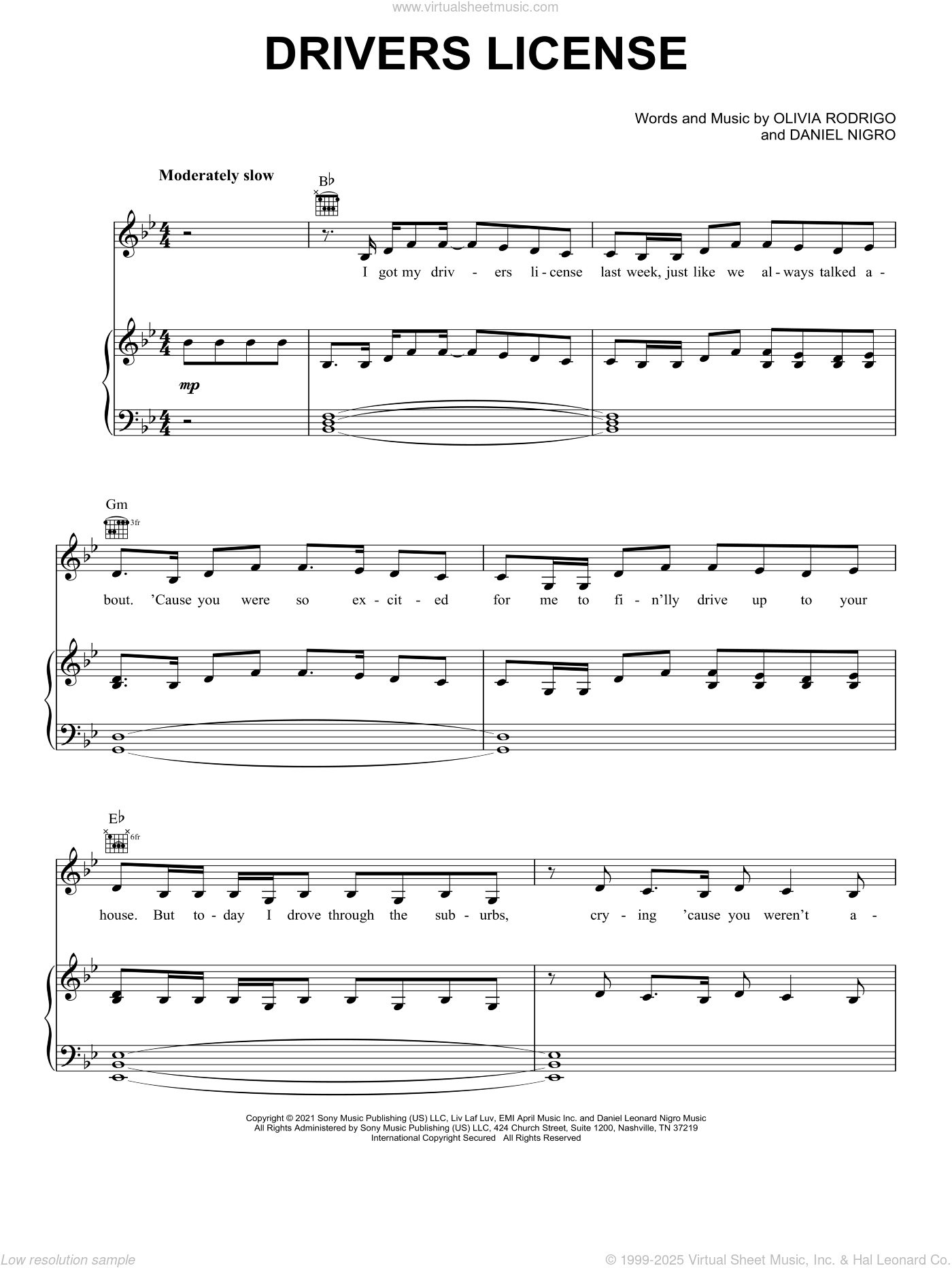 drivers license sheet music for voice, piano or guitar (PDF)