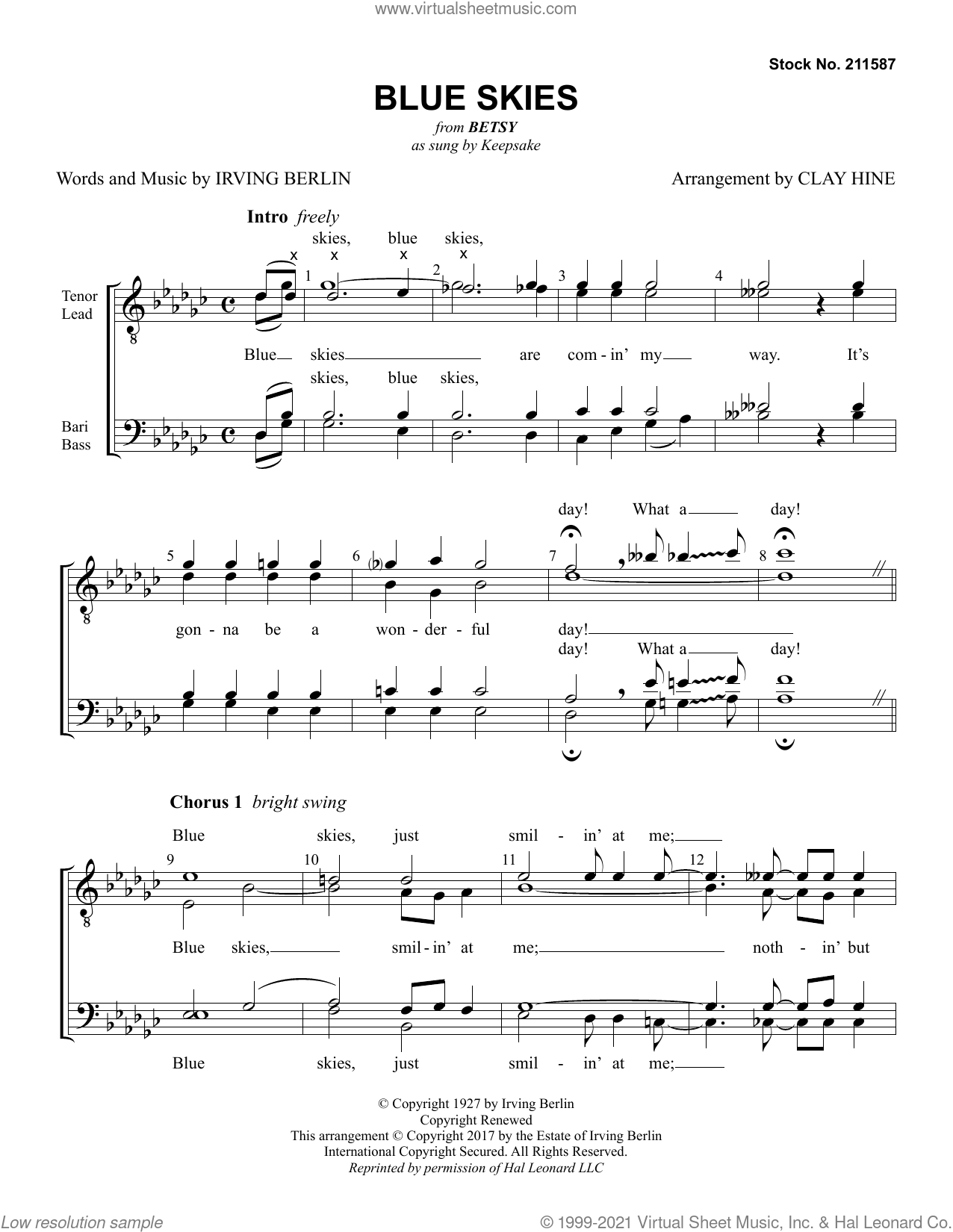 Blue Skies (from Betsy) (arr. Clay Hine) sheet music for choir (TTBB ...