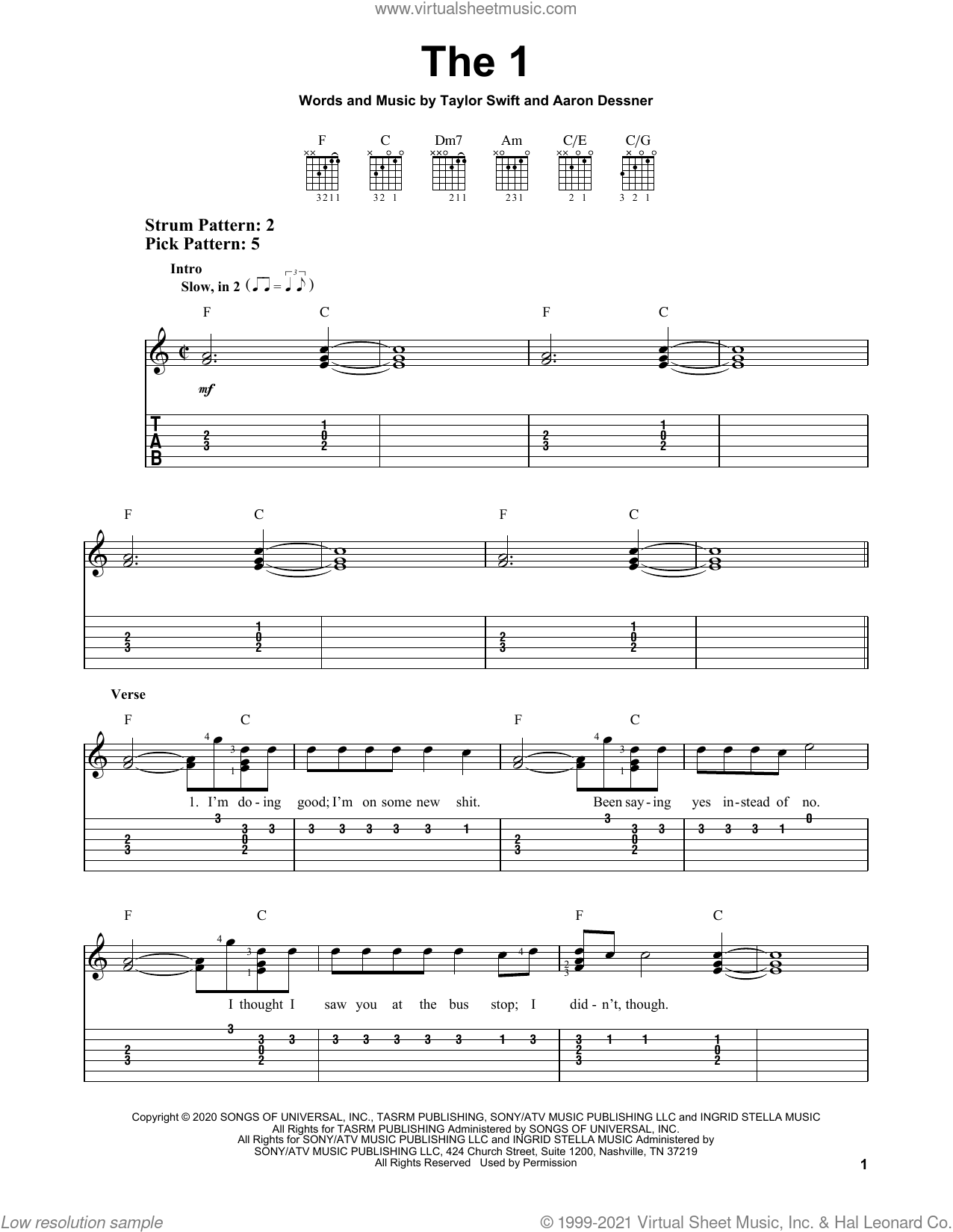 the 1 sheet music (easy) for guitar solo (easy tablature) (PDF)