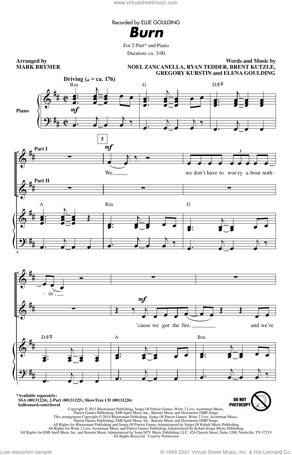 Burn (arr. Mark Brymer) sheet music for choir (2-Part) (PDF)