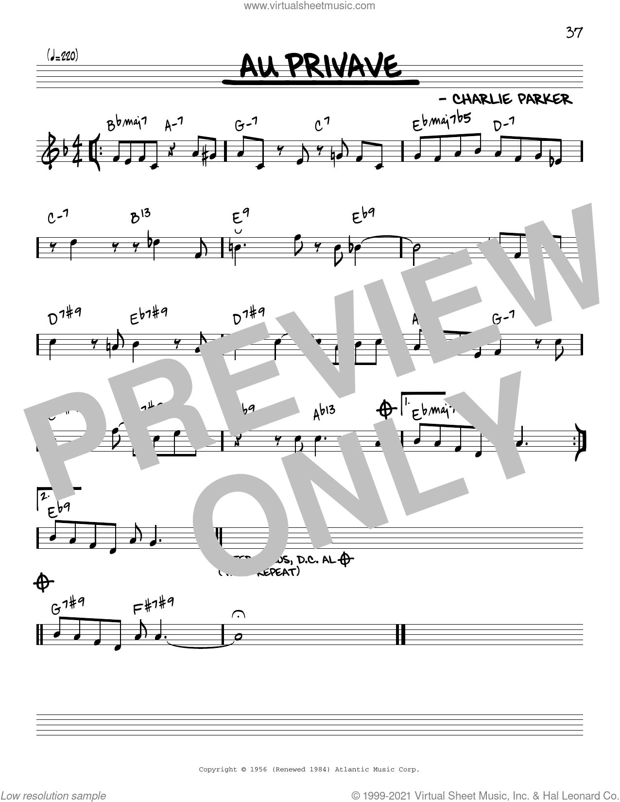 Au Privave [Reharmonized version] (arr. Jack Grassel) sheet music (real book - melody and chords ...
