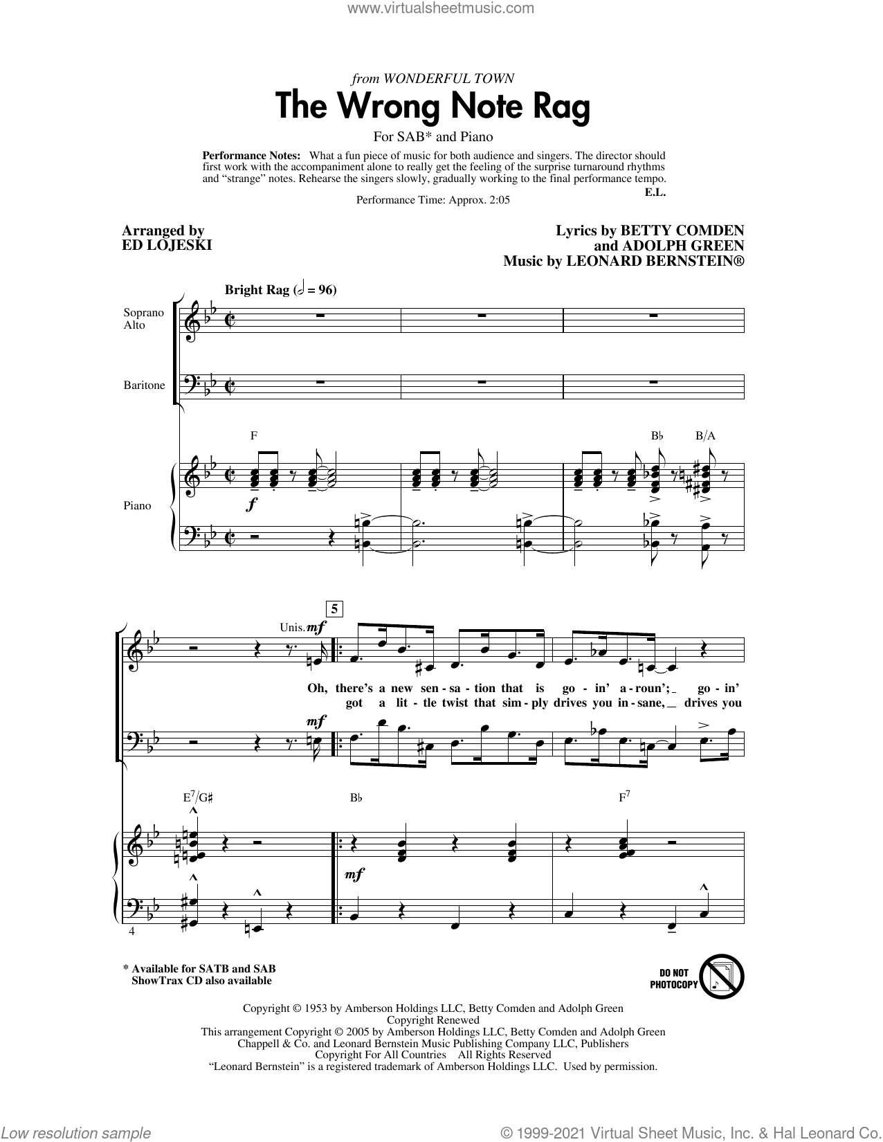 The Wrong Note Rag (from Wonderful Town) (arr. Ed Lojeski) sheet music for choir (SAB: soprano ...