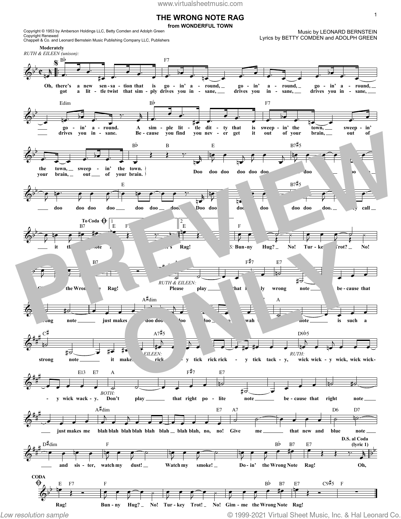 The Wrong Note Rag (from Wonderful Town) sheet music (fake book)