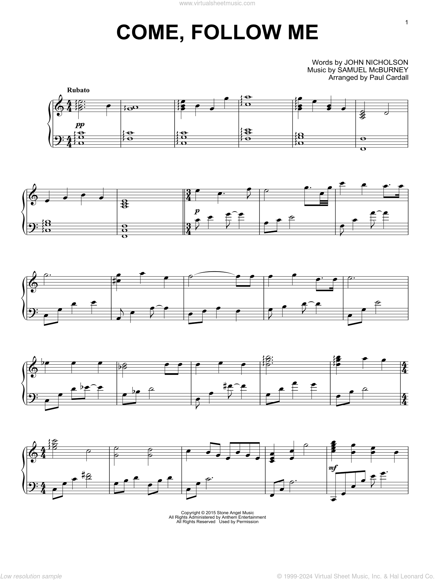Come, Follow Me sheet music for piano solo (PDF-interactive)