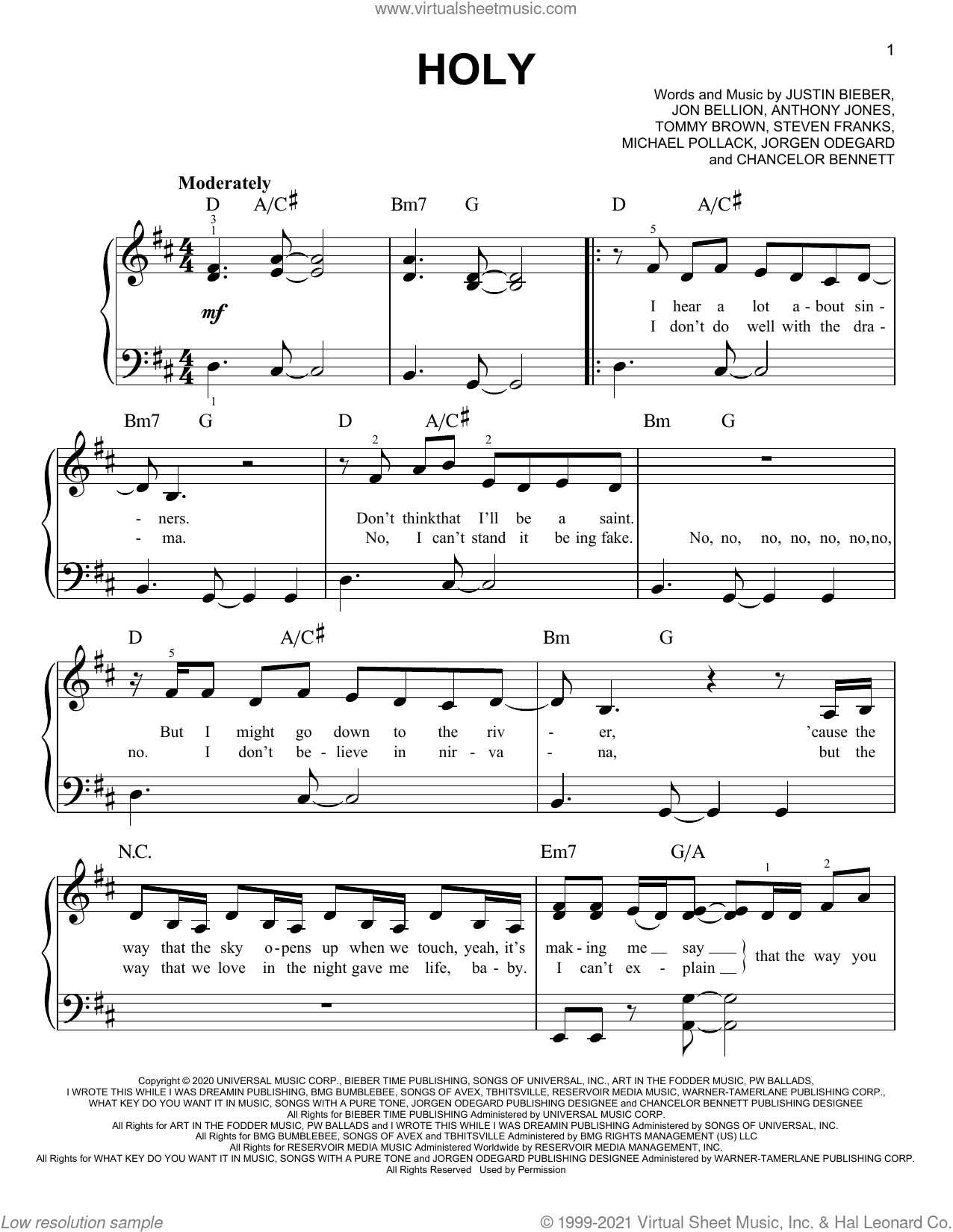 Holy (feat. Chance the Rapper), (beginner) sheet music for piano solo