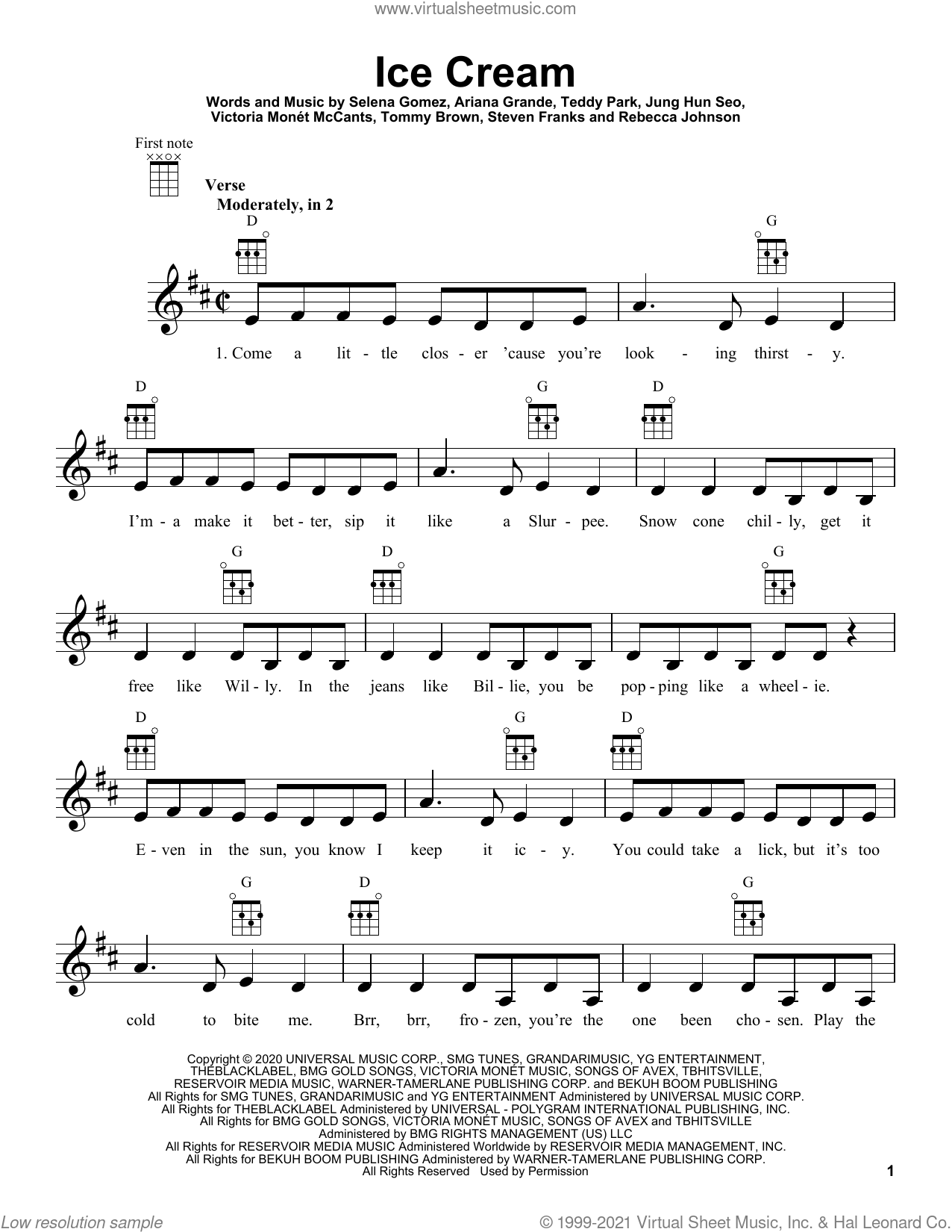 Ice Cream (feat. Selena Gomez) sheet music for ukulele (PDF)