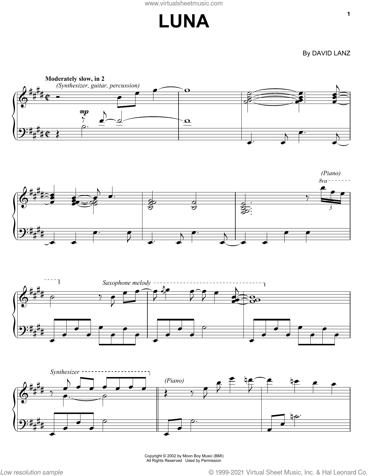 Luna sheet music for piano solo (PDF)