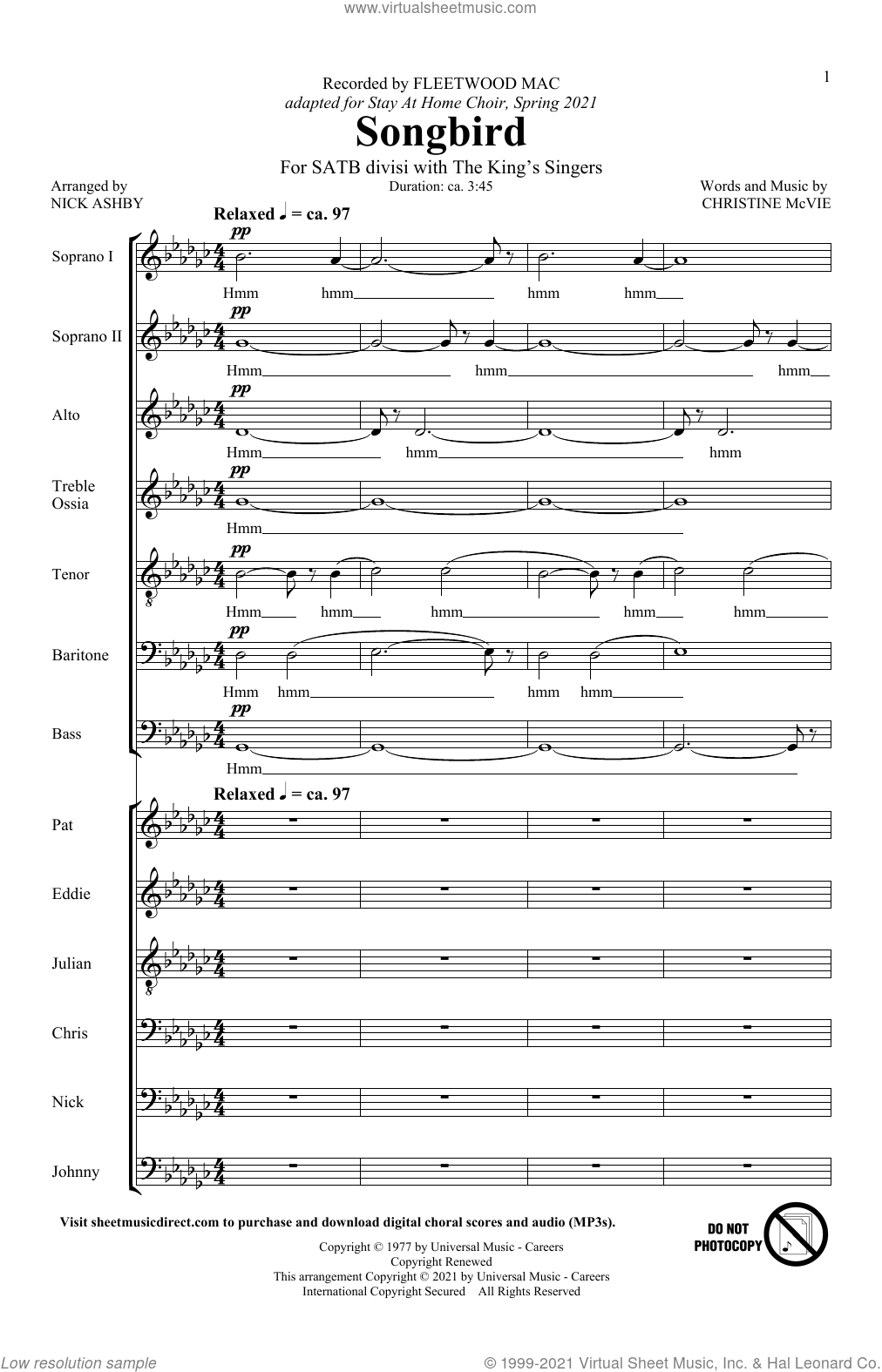 Songbird (arr. Nick Ashby) sheet music for choir (SATB: soprano, alto ...