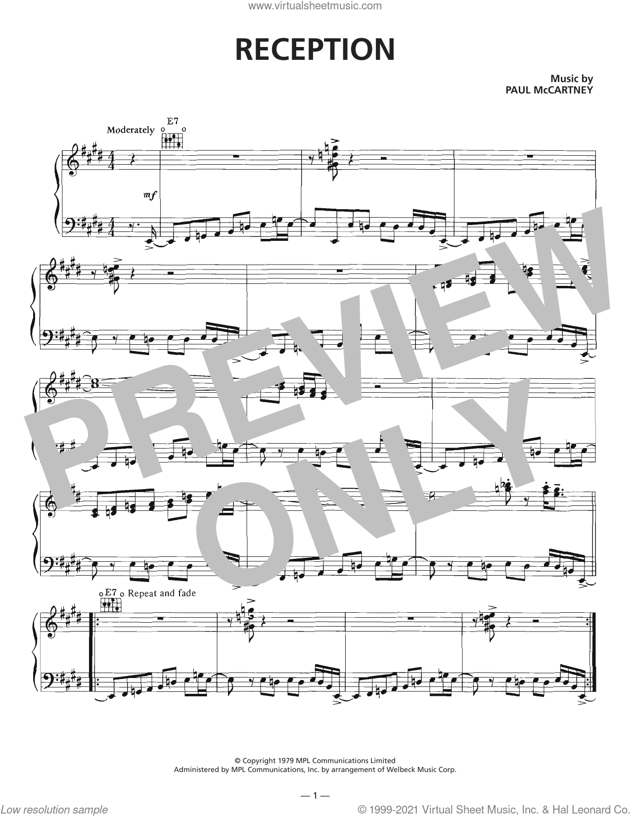 Reception sheet music for voice, piano or guitar (PDF)