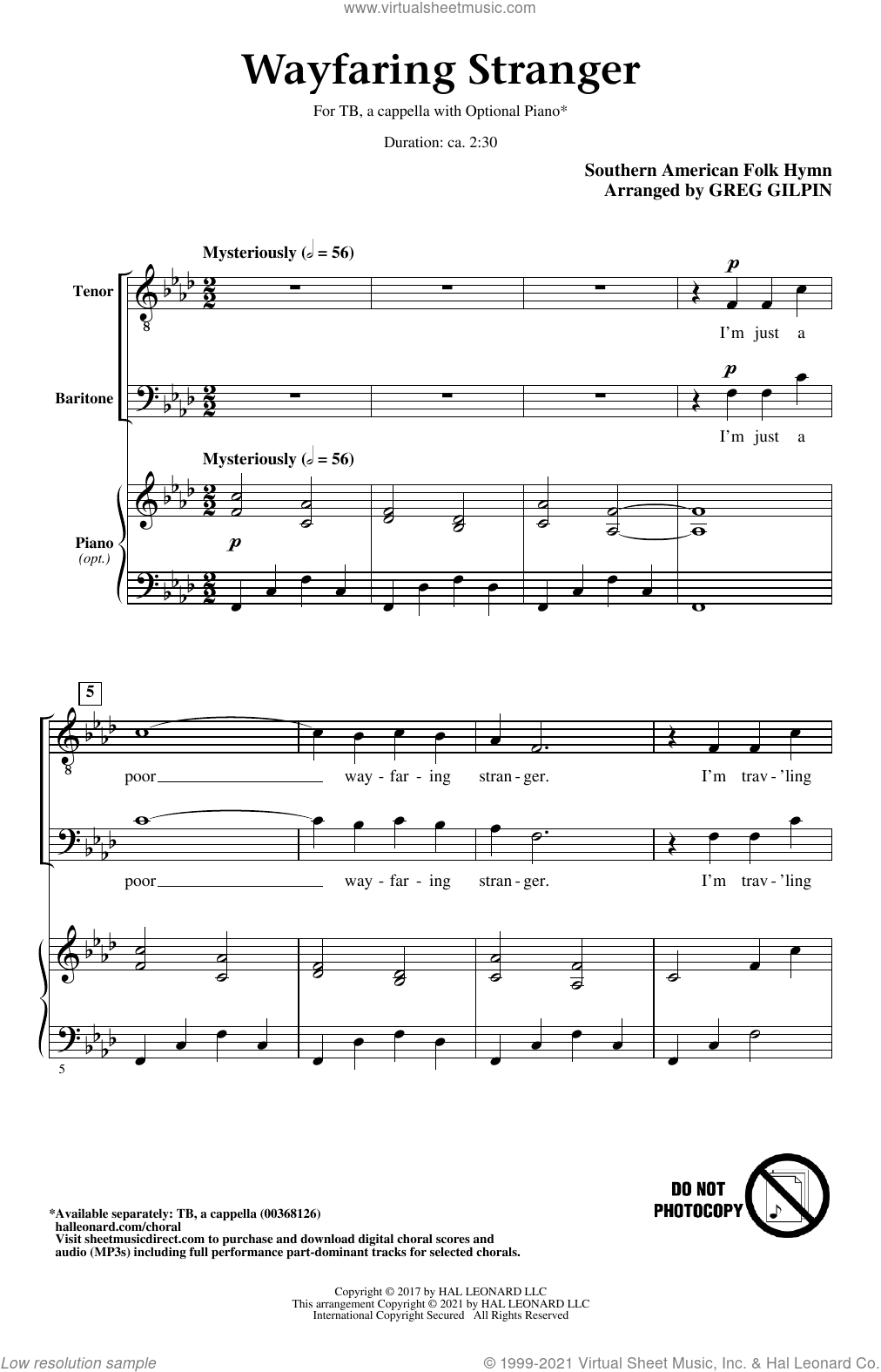 Wayfaring Stranger (arr. Greg Gilpin) sheet music for choir (TB: tenor ...